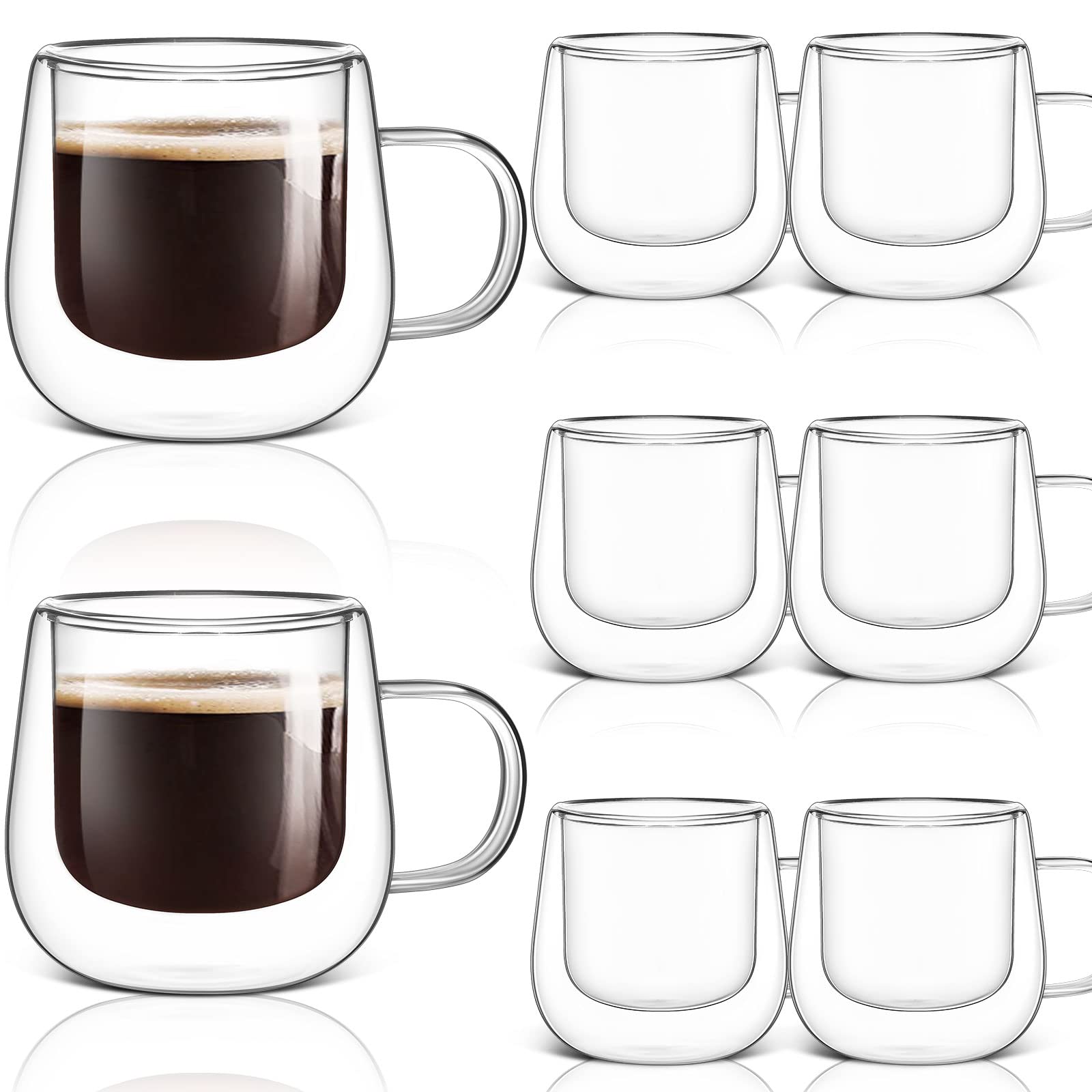 Sunnyray 8 Pack Double Walled Glass Coffee Mugs 10oz Insulated Cappuccino Glasses Mugs with Handle Clear Glass Coffee Cups Bistro Travel Camping for Tea Latte Beverage Shots Glasses Heat Resistant