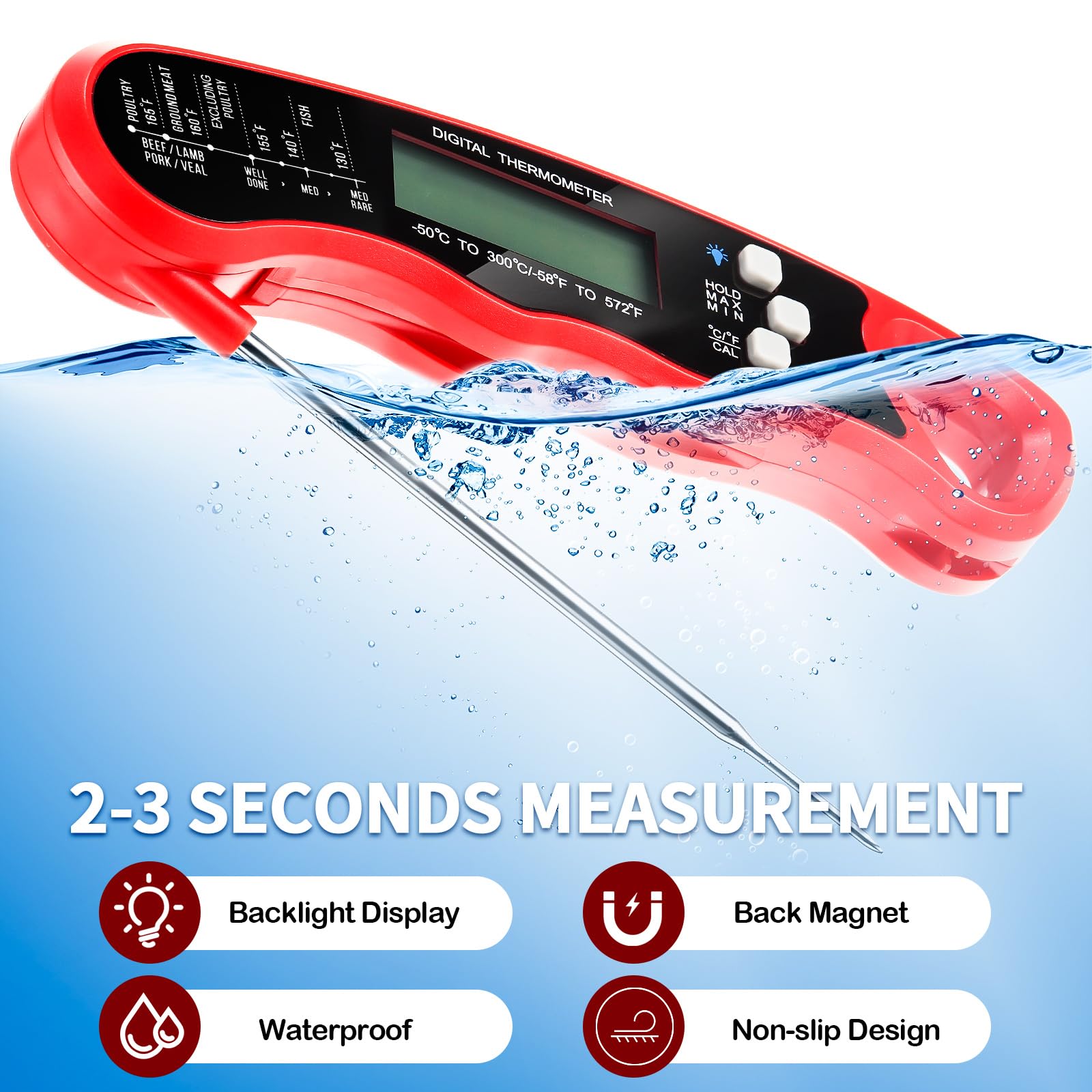 Xuhal 3 Pcs Instant Read Meat Thermometer Waterproof Precise Digital Food Thermometer Red Oven Grilling Cooking Thermometer with Folding Probe Backlight and Calibration for Kitchen Outdoor BBQ Candy