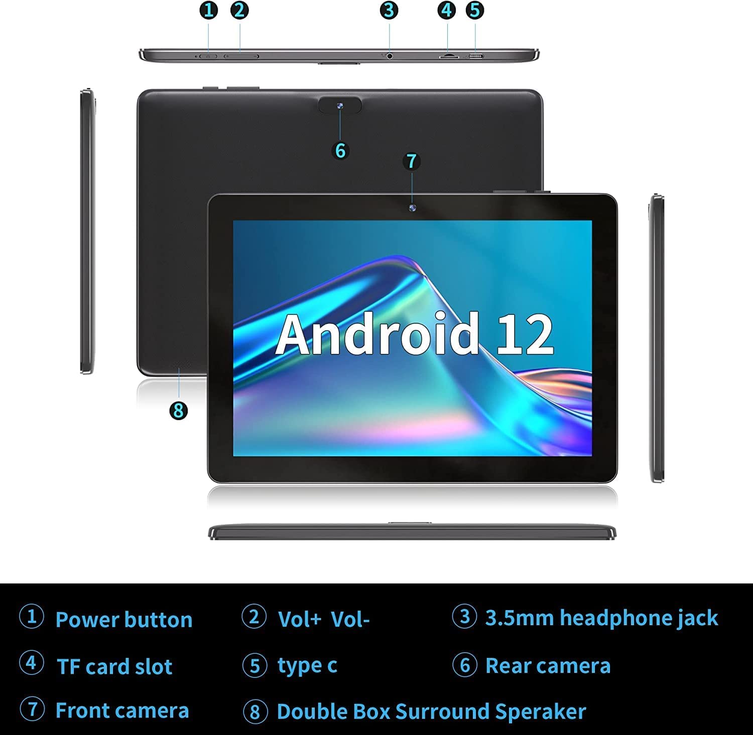 SGIN 10.1 Inches Tablet, 2GB RAM 32GB Storage, Quad-Core Processor 1.6GHz Android 12, IPS Touch Screen, HD 2+5MP Dual Camera, 8 Hours Battery, WiFi, Bluetooth, 32GB TF Card Slot, Black