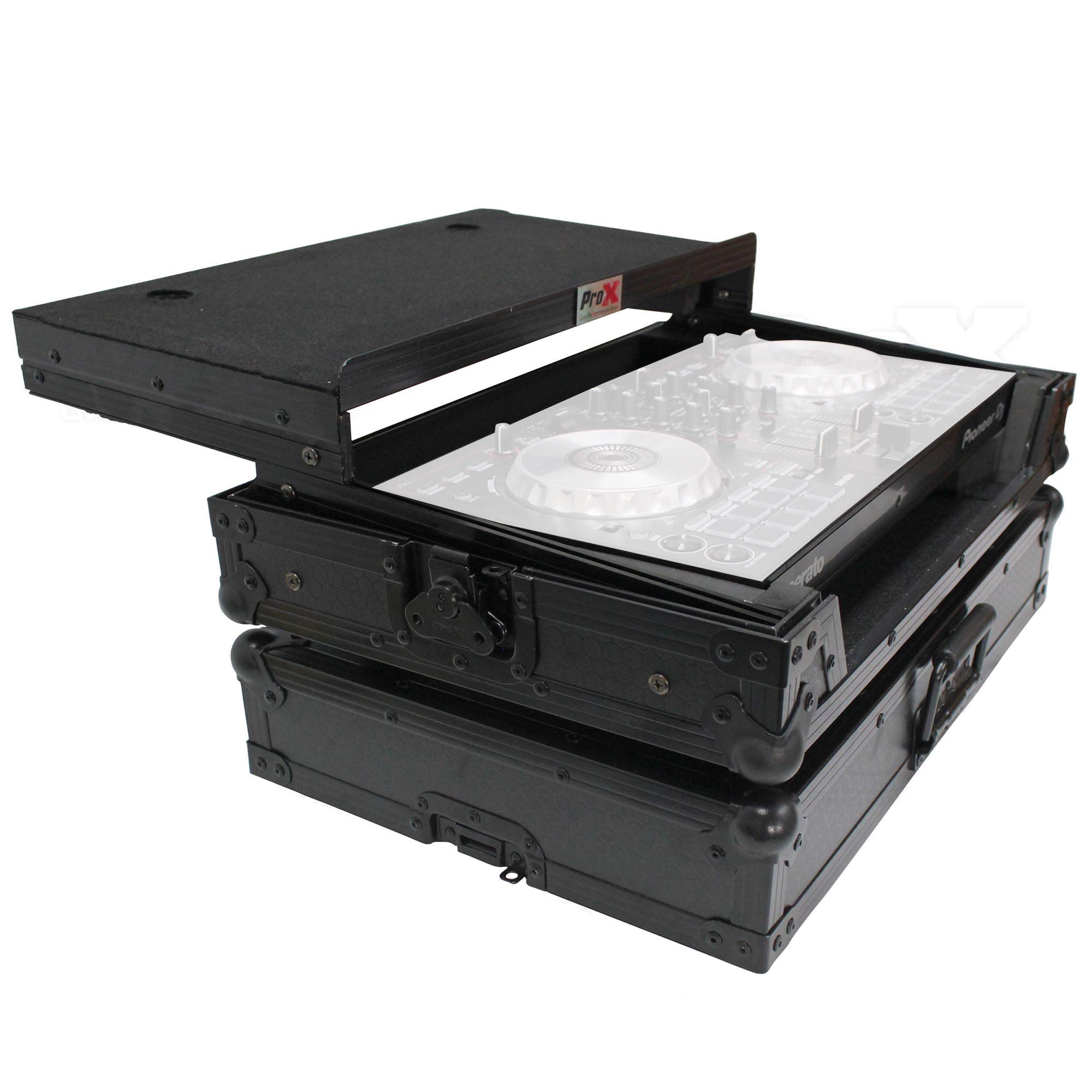 ProX Flight Case for Pioneer DDJ-SB3 & DDJ-400 Digital Controller With Sliding Laptop Shelf - Black on Black Design - X-DDJSB3 LTBL