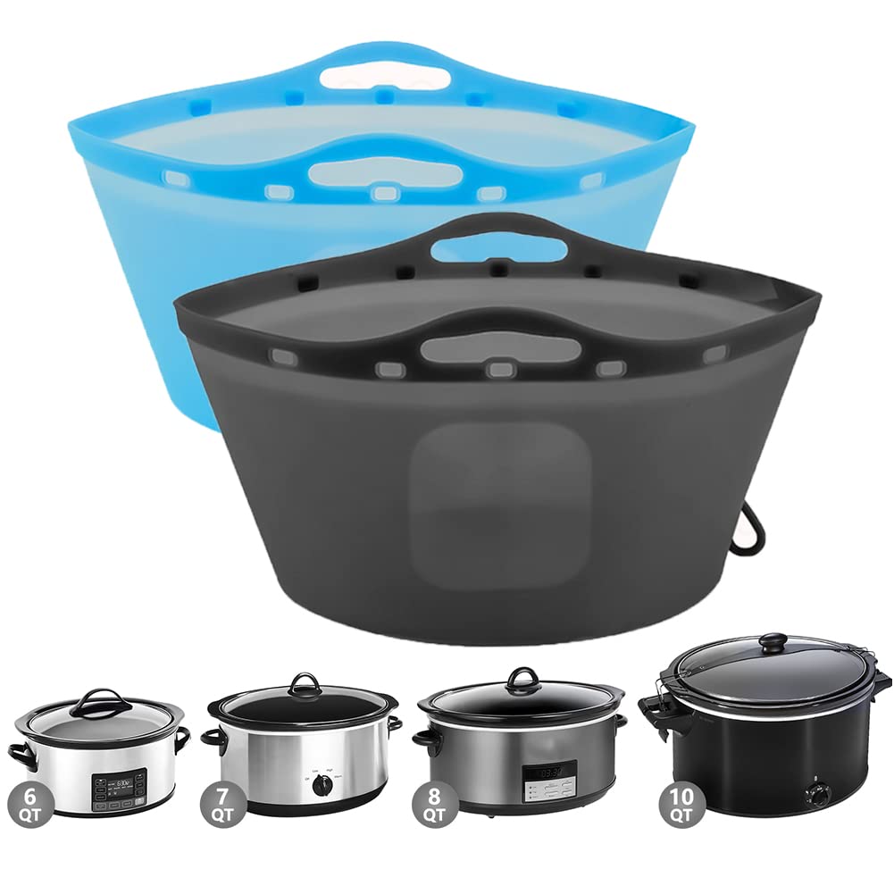 Silicone Slow Cooker Liners Fit 6-7-8-10 Quarts, Reusable Slow Cooker Liners with Buttons and Hooks (2, Blue+Black)