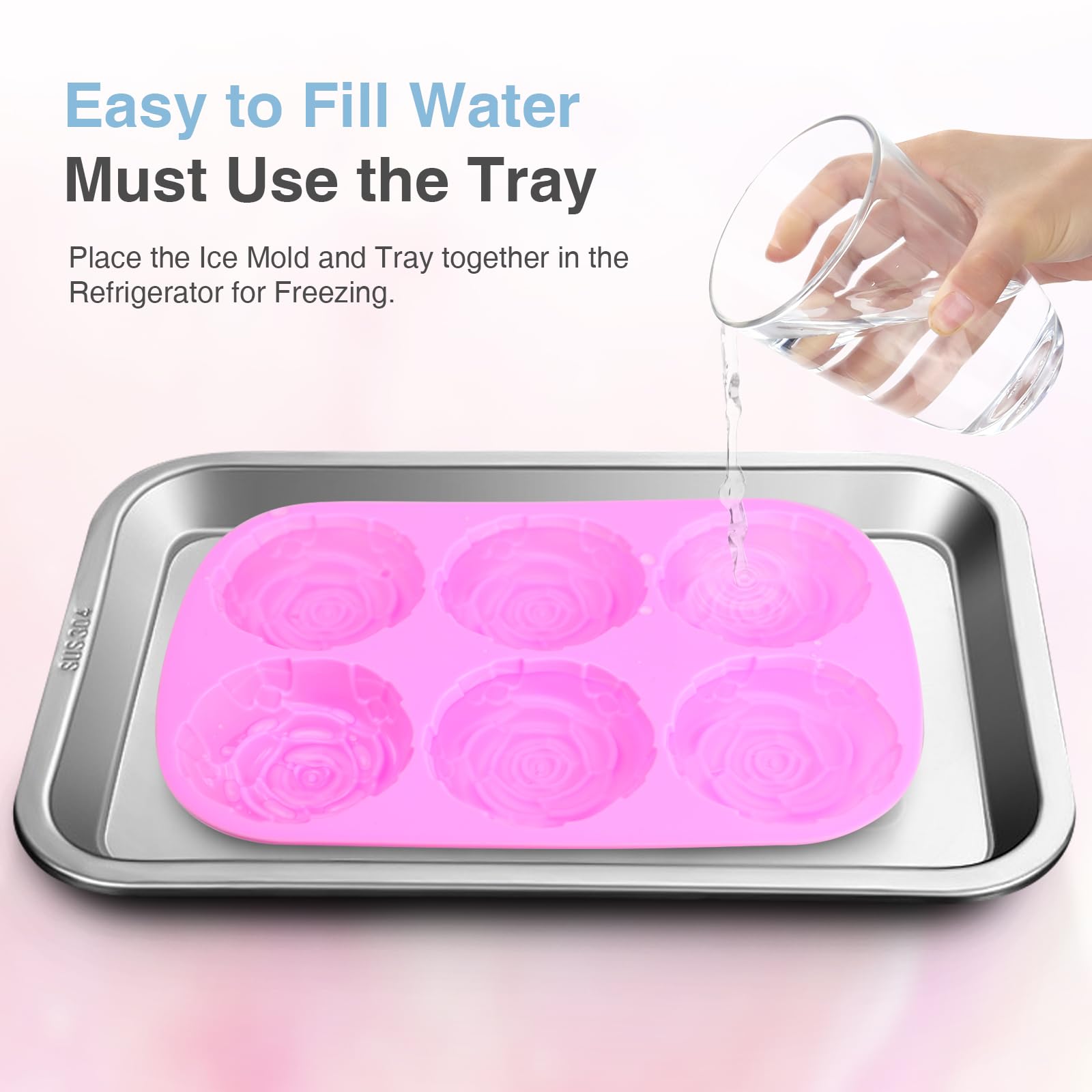 Pack 2, Aidacom X Large Rose Flower Ice Cube Mold, Silicone Ice Tray, Candy Chocolate Cake Cookie Cupcake Baking Soap Mould, Pink