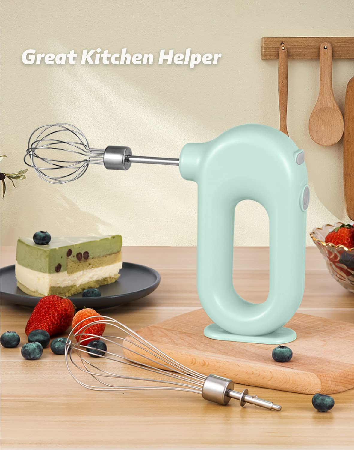 Wynboop MINI Household Cordless Electric Hand Mixer,USB Rechargable Handheld Egg Beater with 2 Detachable Stir Whisks 4 Speed Modes,Baking At Home For Kitchen,Lightweight Portable(Green)