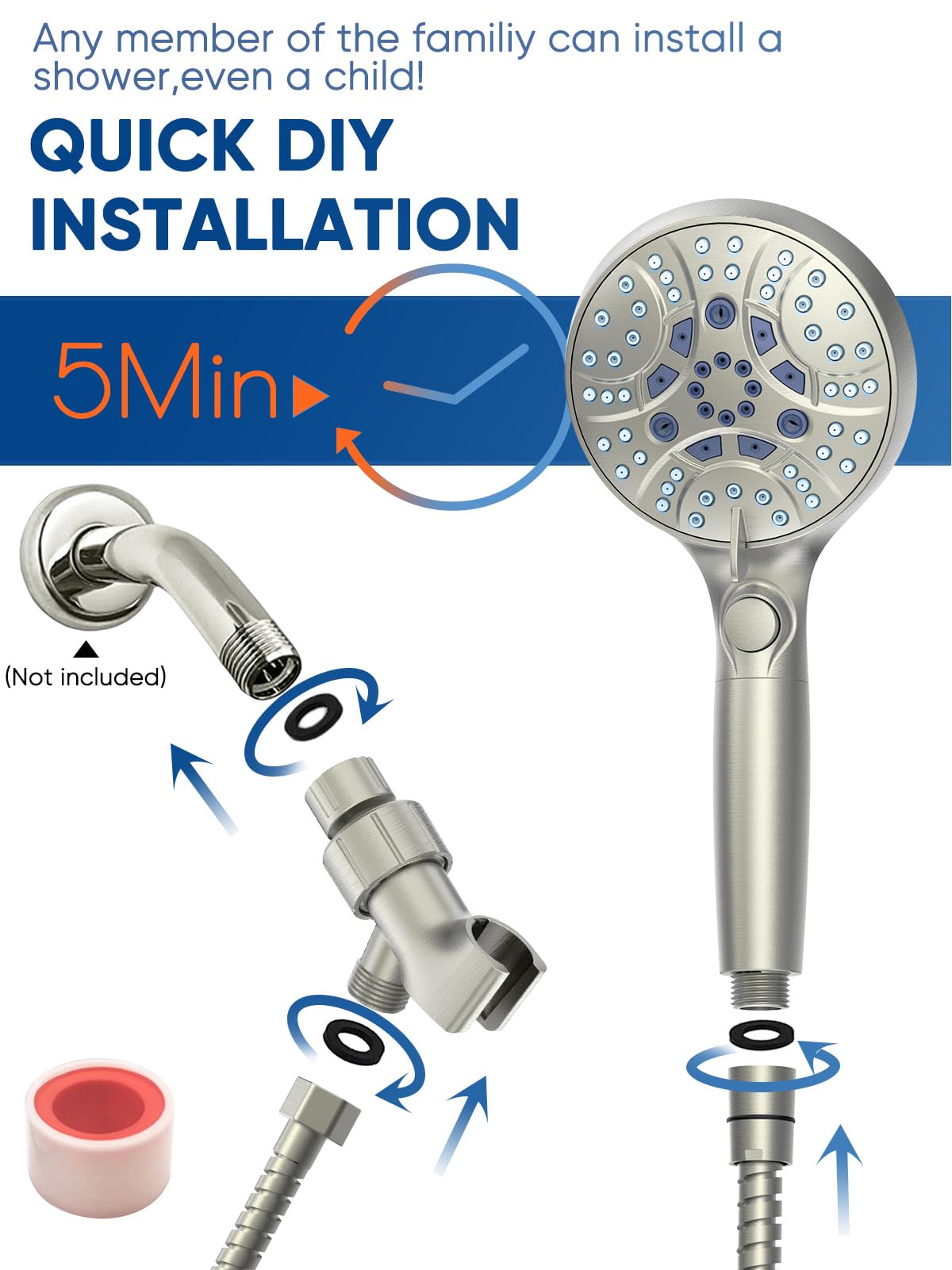 Pavezo High Pressure Handheld Shower Head with Filter, ON/OFF Switch Pause Button, 10-mode Shower Head with Hard Water Softener Filters, SS Hose, Anti-clog & Powerful Clean Tile & Pets, Brushed Nickel