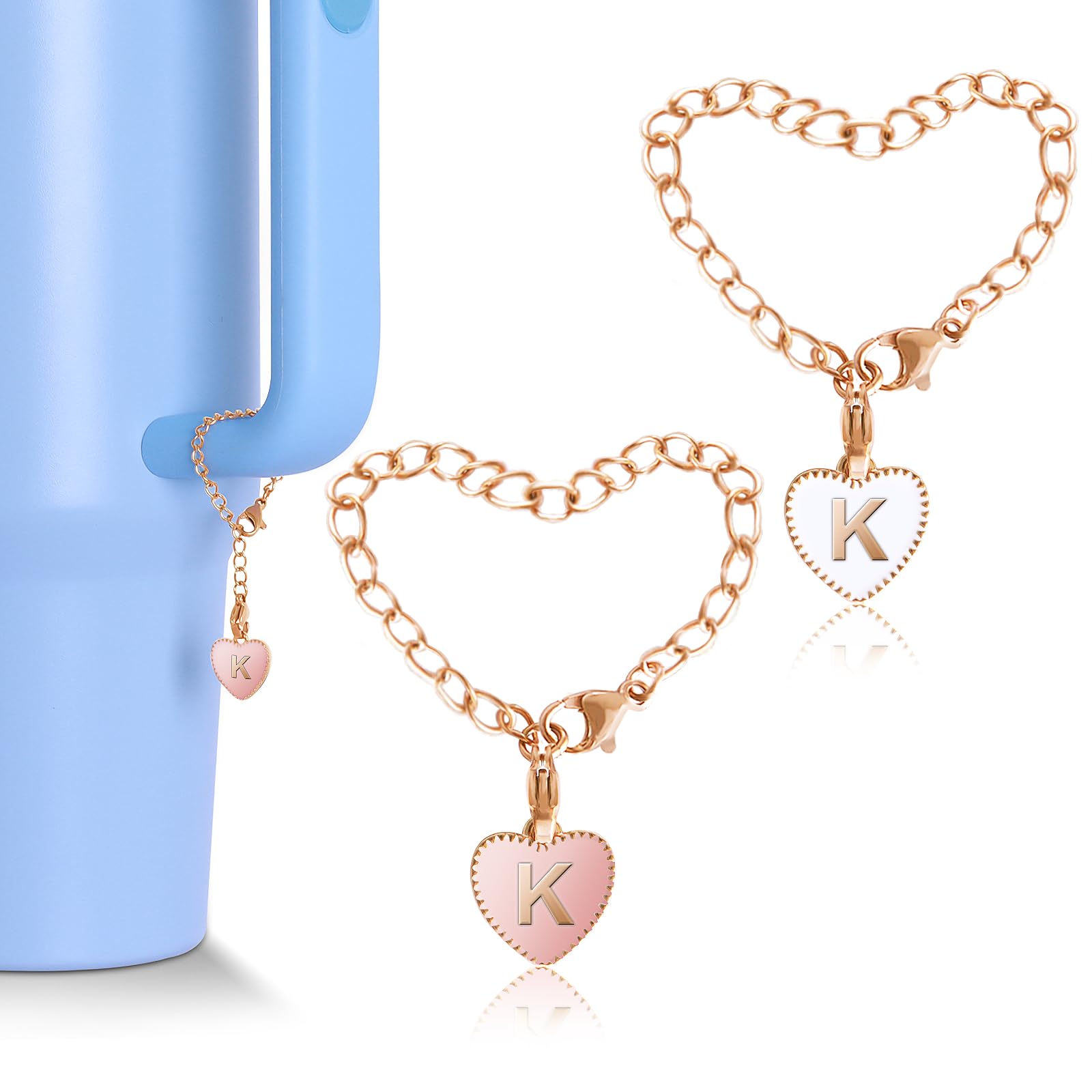 OriJoy Letter Charm Accessories for Stanley Cup, 2PCS Name ID Letter Handle Charm for Stanley/Simple Modern Tumbler, Heart Shape Initial Identification Pendant(K)