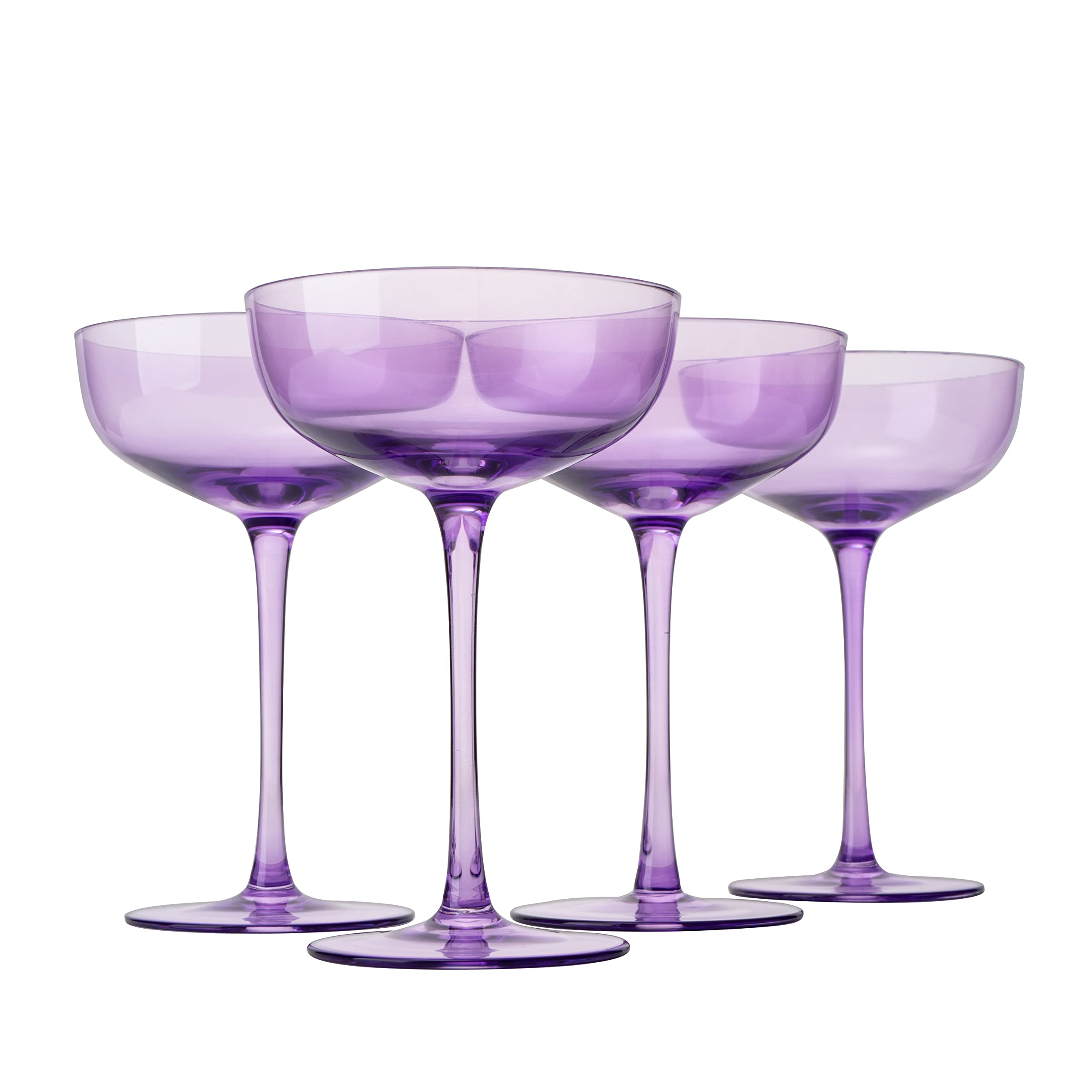 The Wine Savant Colored Coupe Glass | 7oz | Set of 4 Colorful Champagne & Cocktail Glasses, Fancy Manhattan, Crystal Martini, Cocktails Set, Margarita Bar Glassware Gift, Vintage (Lavender Purple)