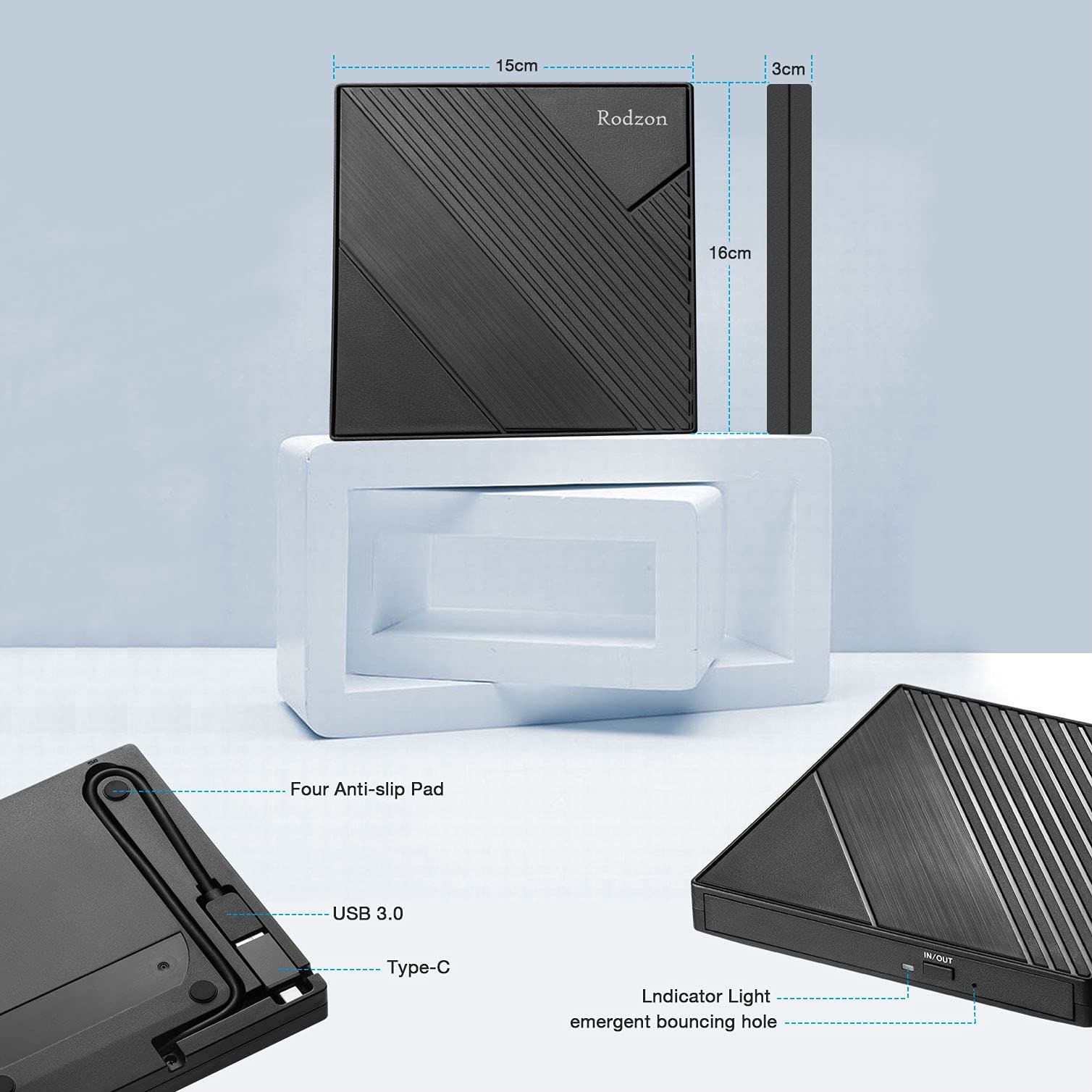 Rodzon External CD Drive Type C USB 3.0 Portable CD DVD +/-RW Drive Slim DVD/CD ROM Rewriter Burner Writer Compatible with Laptop Desktop PC Windows Linux OS Apple Mac, Type C