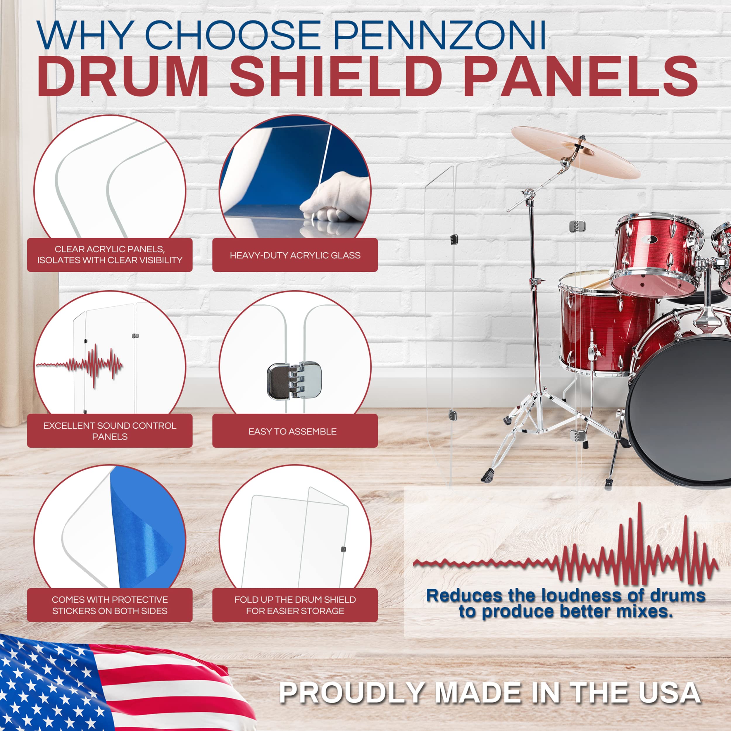 PENNZONI Drum Shield 5ft w/Chrome Hinges, Comes w/ 6 Drum Panels, & Chrome Hinges, Premium Clear Acrylic Panels, Drum Screen
