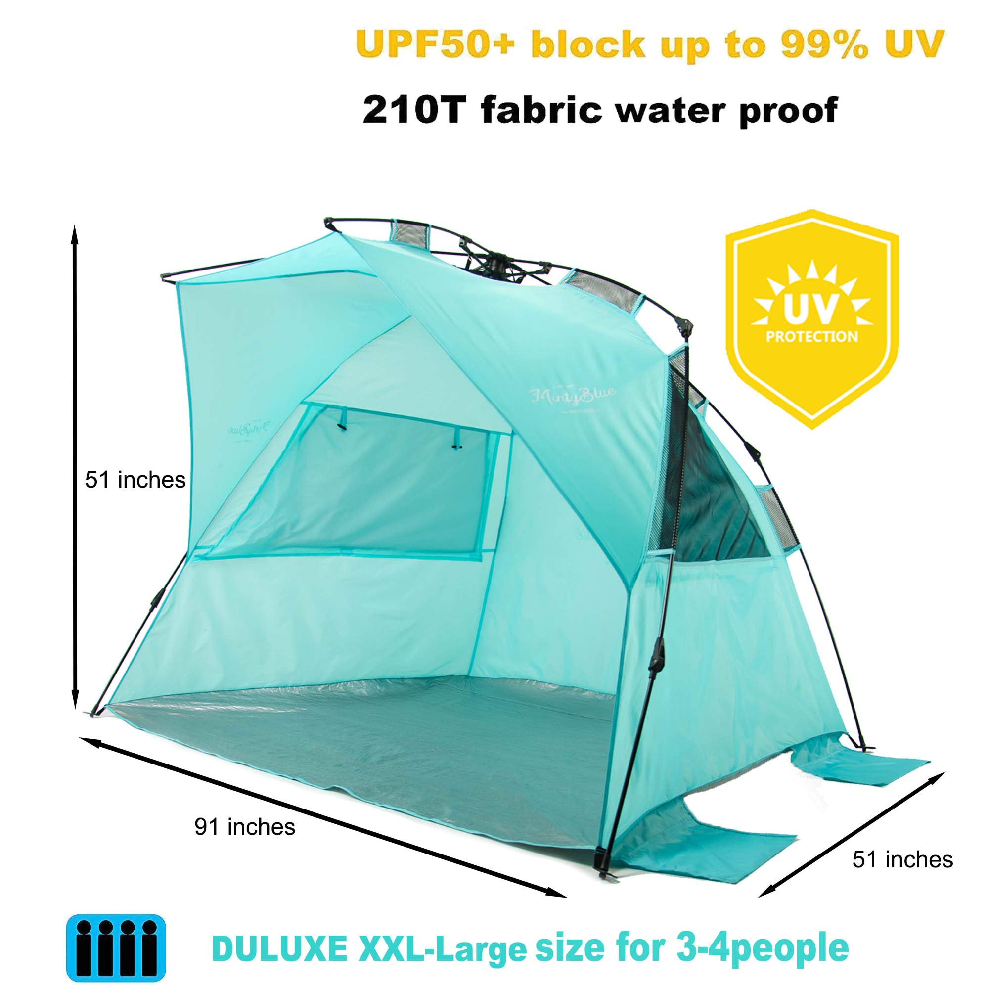 porayhut Easy Up Folding Beach Tent Sun Shade Shelter,3-4 Person for Family,SPF 50+,Large Mesh Roll Up Ventilation Windows,Storage Pockets,Carry Bag and Stakes