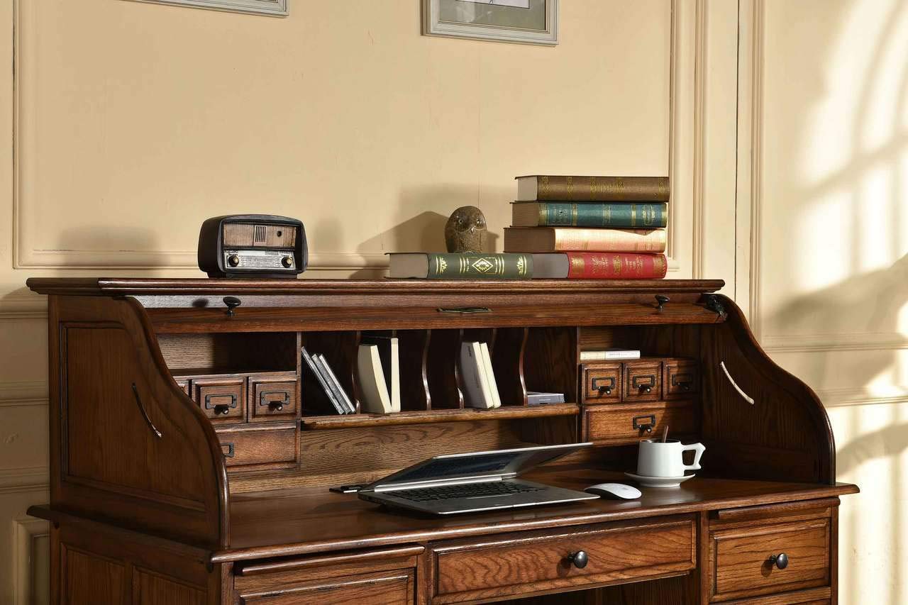 Roll Top Desk Solid Oak Wood - Executive Oak Desk 54"x24"x45" Home Office Secretary Organizer Roll Hutch Top Easy Assembly Quality Crafted Construction Locking File Drawers Dovetailed