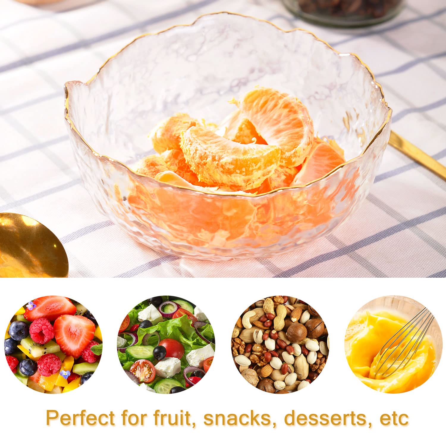 WHJY Glass Salad Bowl Set of 3, Mixing Bowls Decorative Fruit Bowl Serving Bowls for Kitchen,Clear Gold Rimmed Bowl Wide Rim Pasta Bowl