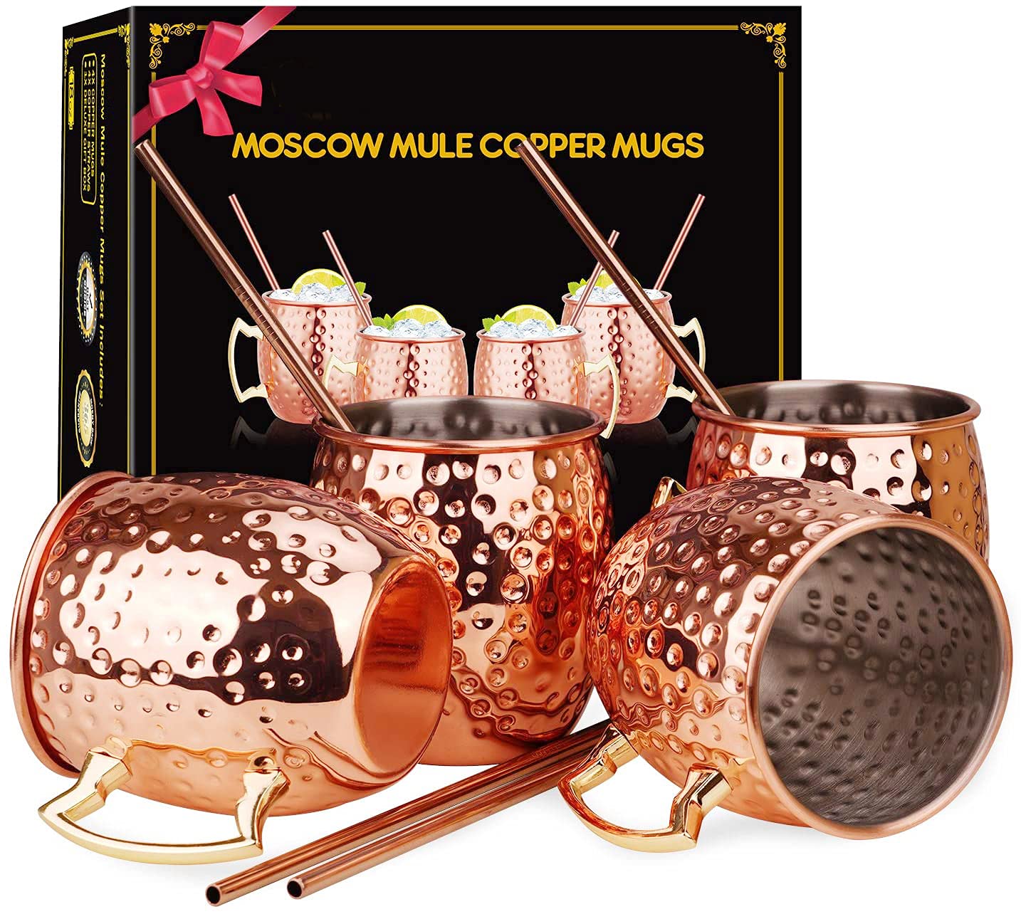 Widousy Moscow Mule Copper Mugs - Set of 4-HANDCRAFTED - Solid Copper Mugs 16 oz Gift Set with BONUS ：4 Cocktail Copper Straws