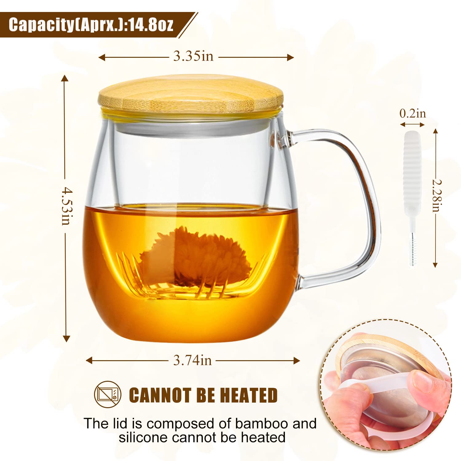 WHJY Glass Tea Cup with Infuser and Lid, 15 ounce Glass Tea Cups with Strainer, Loose Leaf Tea Cup Mug for One, Lead-free Borosilicate Glass Teacups, Heat Resistance, Microwave & Dishwasher Safe