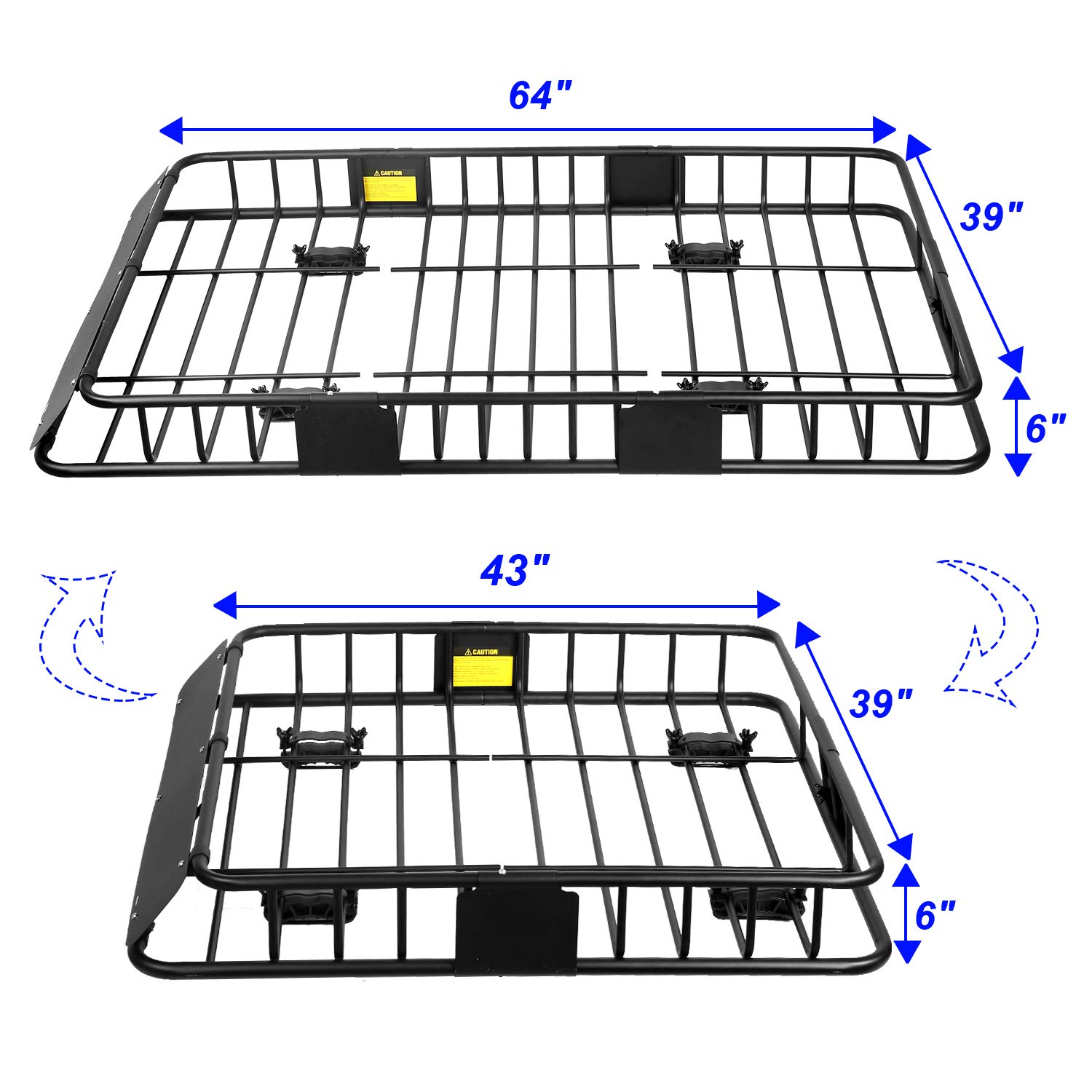 Roof Rack Cargo Basket, Universal Car Top Carrier Rack Adjustable Length 43/64 inches Anti-Rust Luggage Holder Carrier Basket 150lb with Removable Extension Kit Wind Fairing