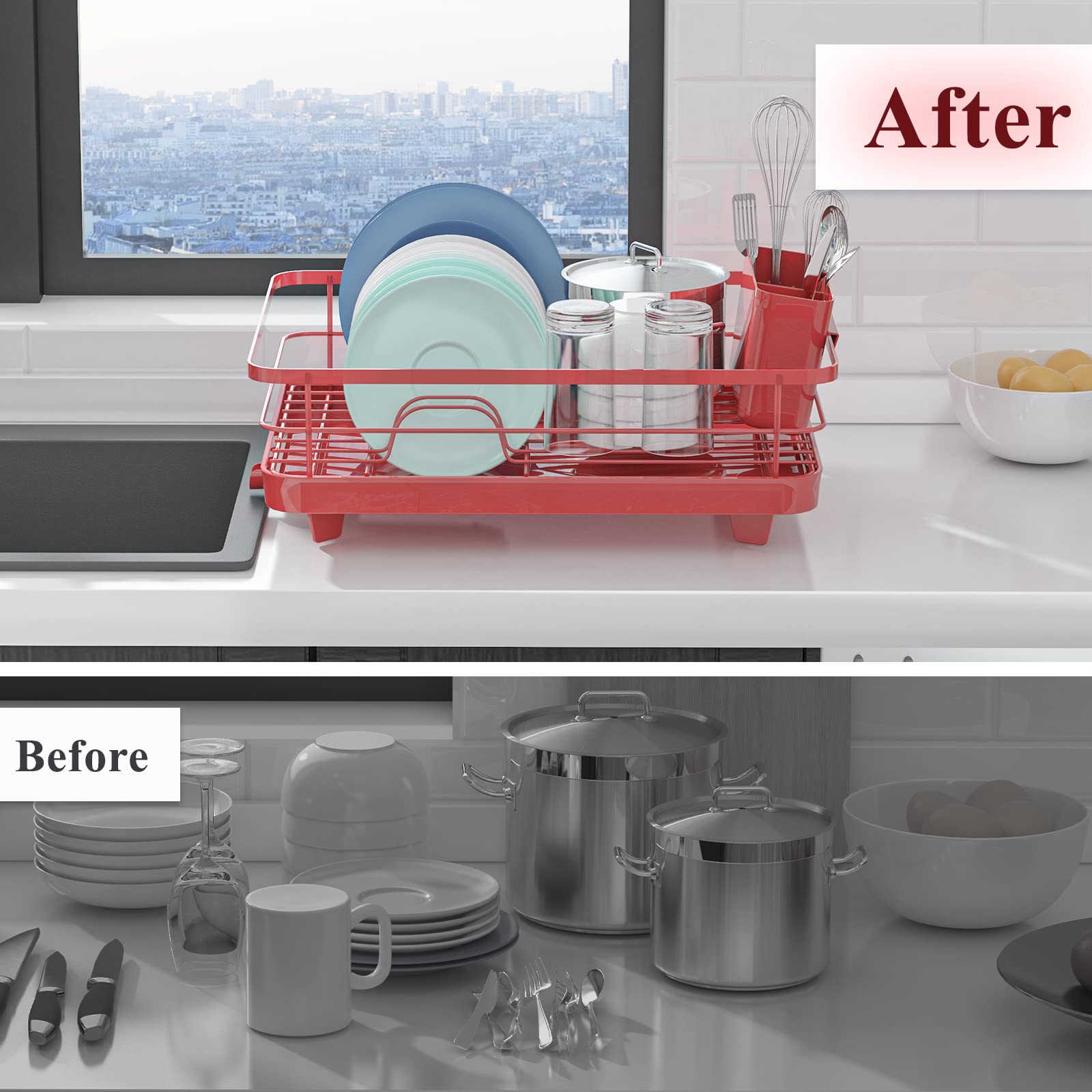 Sakugi Dish Drying Rack - Compact Dish Rack for Kitchen Counter with a Cutlery Holder, Durable Stainless Steel Kitchen Dish Rack for Various Tableware, Dish Drying Rack with Easy Installation, Red