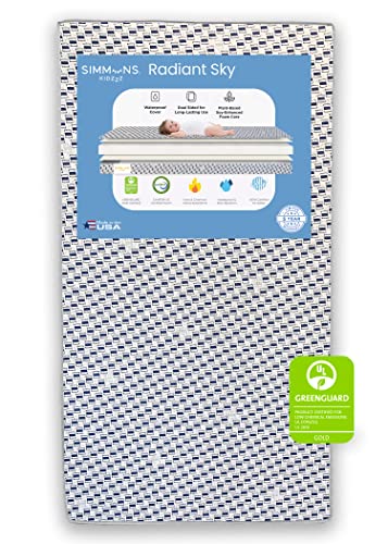Simmons Kids Radiant Sky Dual Sided Baby Crib Mattress and Toddler Mattress, Waterproof, GREENGUARD Gold and CertiPUR-US Certified, Firm Plant-Based Foam, 5 Year Warranty, Made in USA