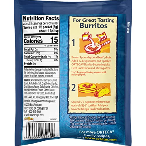 Ortega Seasoning Mix, Reduced Sodium Burrito, 1.5 Ounce (Pack of 12)