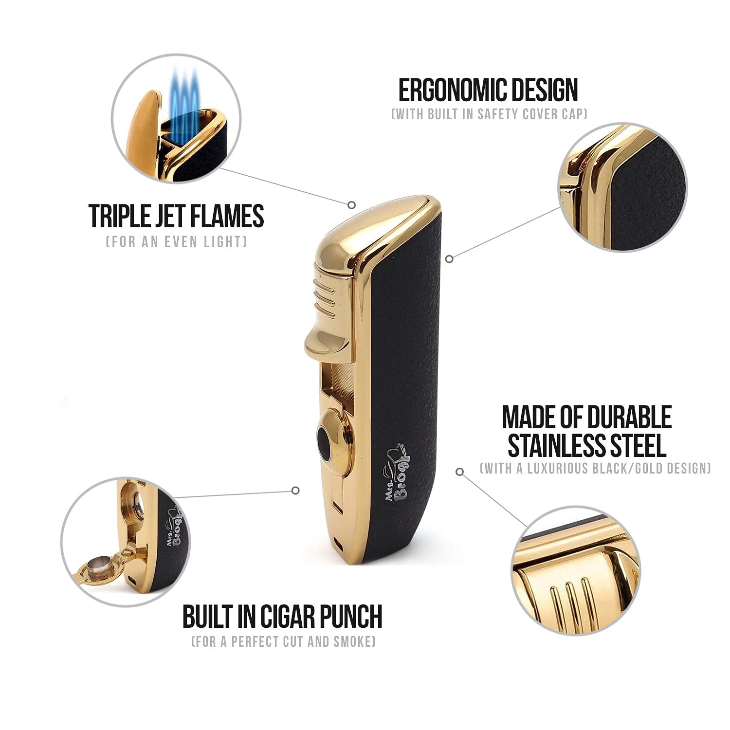 Mrs. Brog Cigar Lighter Triple Flame Torch with Built in Cigar Punch (Butane Gas Not Included) - Pocket Size 3 Adjustable Wind Proof Jet Flames - Ergonomic Grip