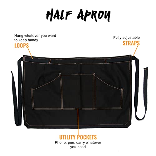 Under NY Sky Half Deep Black Apron with Durable Twill β Bistro Apron, Waist Apron adjustable for Men and Women β Professional Barista, Bartender, Mixologist, Florist, Server Aprons