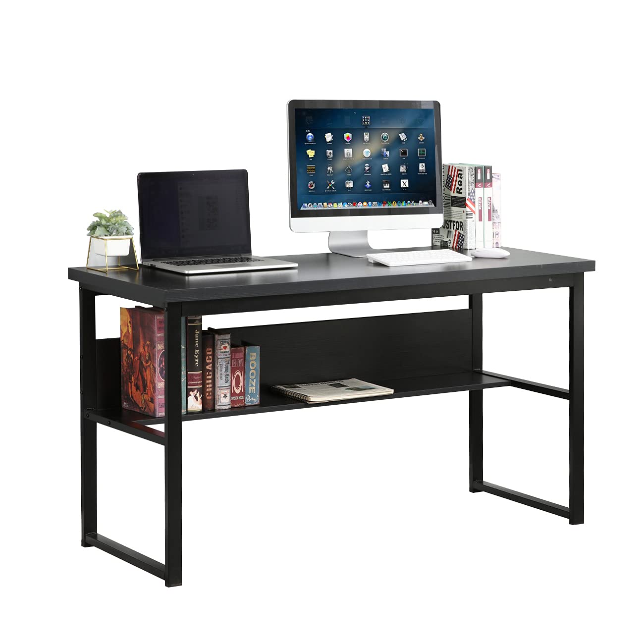 soges 54.7 inches Computer Desk Office Table Study Writing Desk with Bookshelf Storage Desk Home Office Desk Black LD-JB-01BW