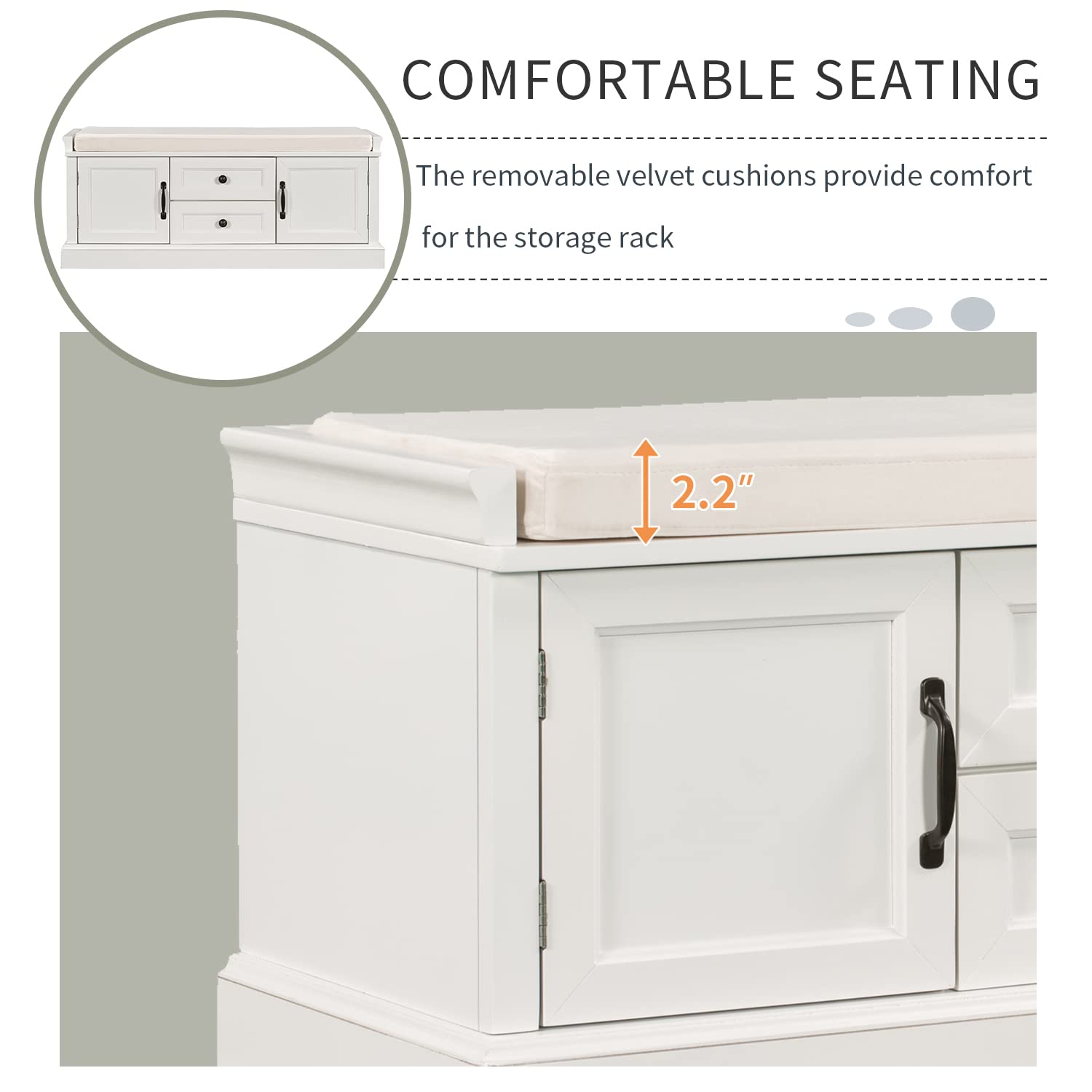Shoe Bench Entryway with Storage, Entryway Bench with Removable Cushion, Solid Wood Storage Bench with 2 Drawers and 2 Cabinets for Living Room, Hallway, Closet, 42.5"L x 15.9"W x 17.5"H,White
