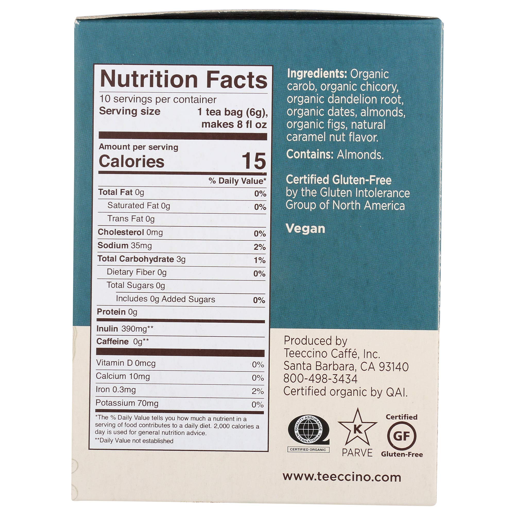 Teeccino Dandelion Caramel Nut Tea - Caffeine Free, Roasted Herbal Tea with Prebiotics, 3x More Herbs than Regular Tea Bags, Gluten Free - 10 Tea Bags