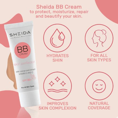 SHEIDA BB CREAM 50 ML, SPF 30 UVA+UVB Protected skin perfector, Multi-Function BB Cream & Mineral Sunscreen, Orange peel extract with vitamin E&C moisturizes, Flawless Coverage, Repairs Lines and Wrinkles