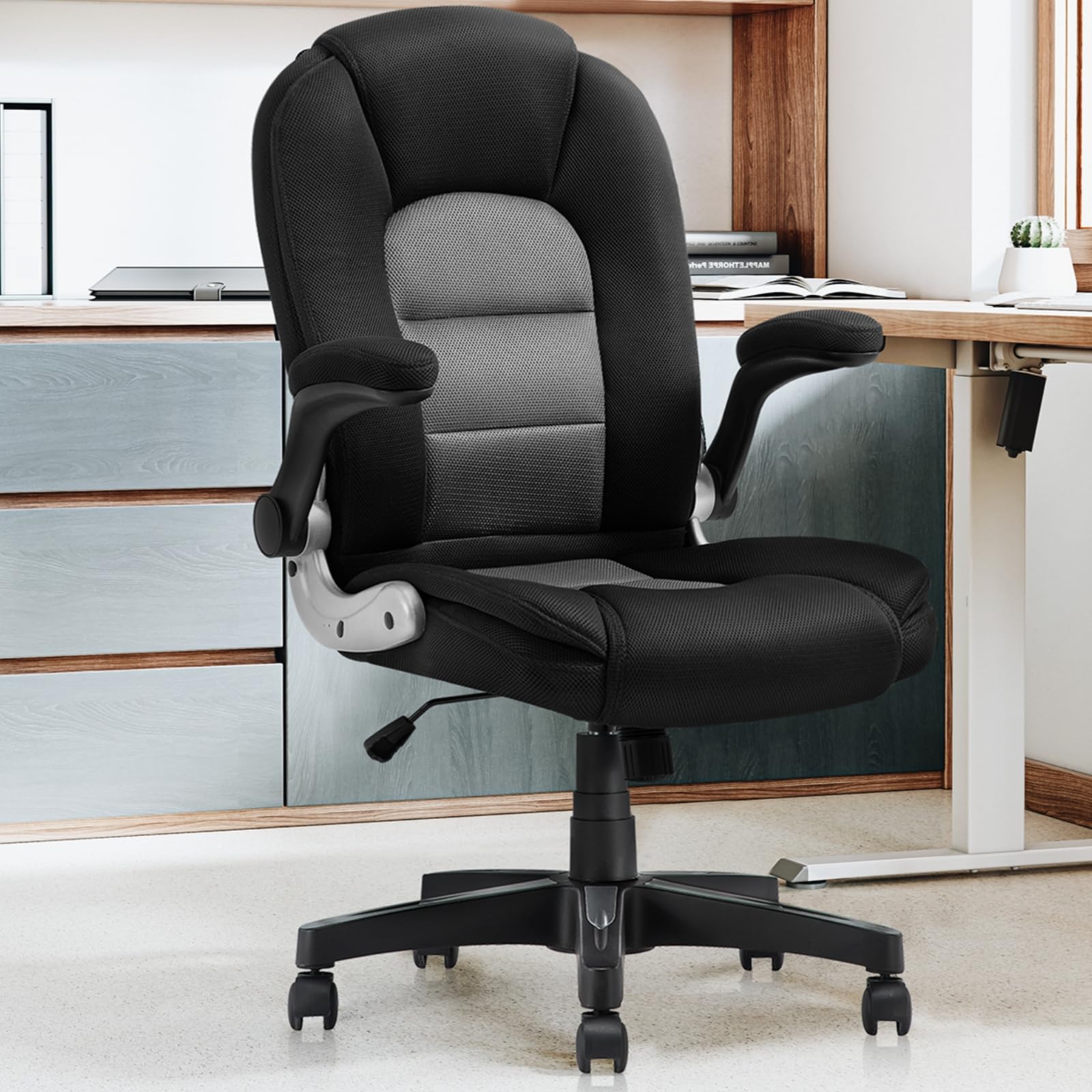 SEATZONE Ergonomic Office Chair, High Back PU Leather Comfortable Desk Chair with Flip-up Armrests, Computer Chair for Adults, Black