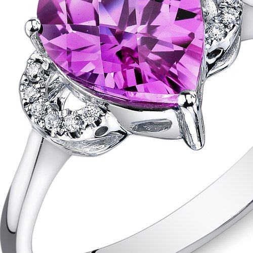 PEORA 14K White Gold 3.05 Carats total Created Pink Sapphire and Genuine Diamond Teardrop Ring for Women, AAA Grade Pear Shape 10x8mm, Comfort Fit