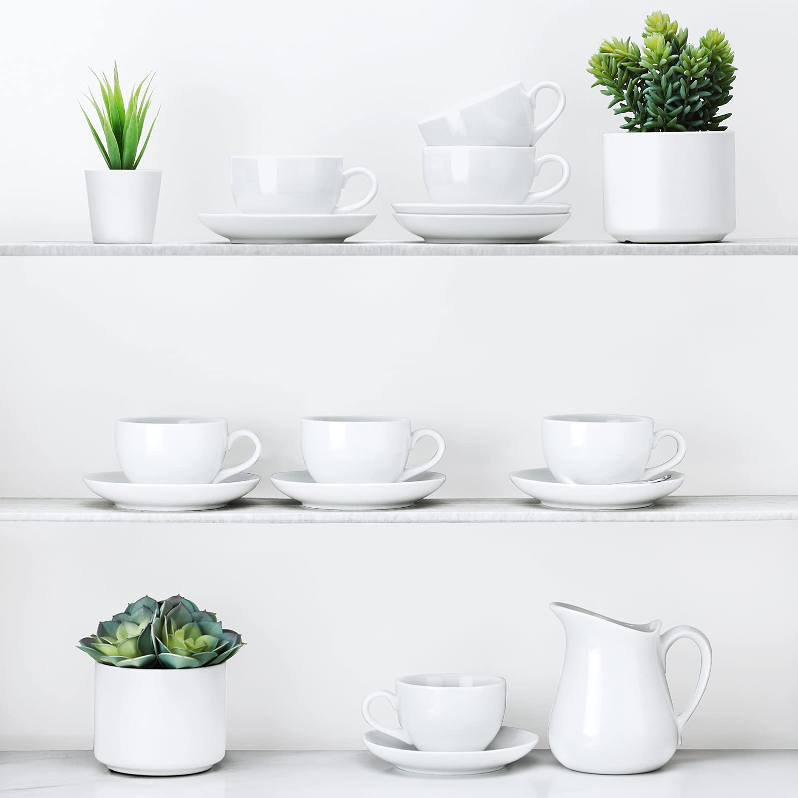 Yedio Porcelain Coffee Cups Set with Saucer, 6 Ounce White Porcelain Cup and Saucer Set for Cappuccino, Coffee Latte, Coffee drinks and Tea, Set of 6