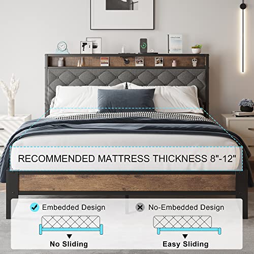 Osfvolr Full Size Bed Frame with Charging Station and LED Light, Platform Bed Frame with 2 Tier Storage Upholstered Linen Headboard, Heavy Duty Metal Structure, 12 inch Under Bed Storage, Noise Free