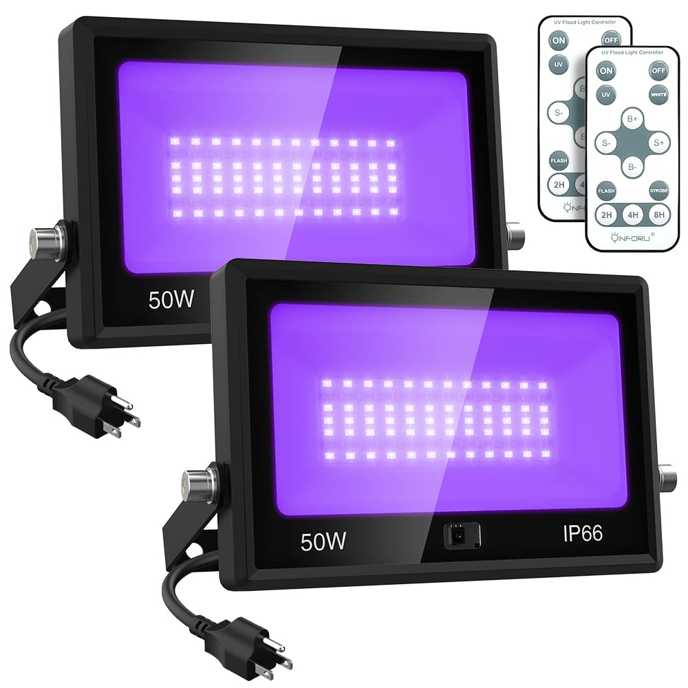 Onforu 2 Pack 50W LED Black Light with Daylight, Dimmable Black Light Flood Light with Remote, Timing, IP66 Outdoor Blacklight for Glow in The Dark, Dance Party, Halloween Lights, Fluorescent Poster