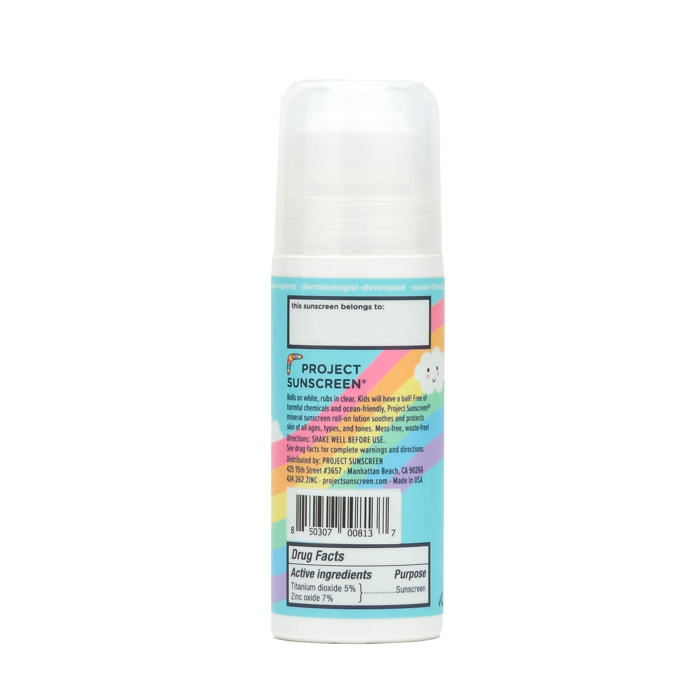 Project Sunscreen Roll-On SPF 50 Sun Protection for Babies - Natural Mineral Based and Water Resistant Formula For Sensitive Skin - 3 Ounce, Rainbow