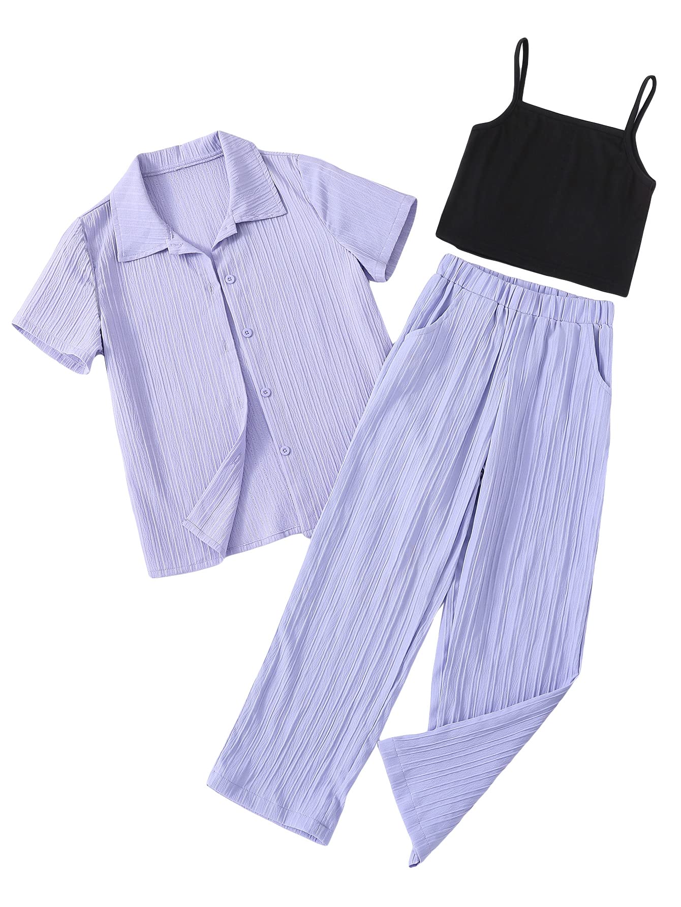 OYOANGLE Girl's Summer 3 Pieces Button Down Short Sleeve Shirt and Cami Tops with Pocket Pants Set Purple and Black 8Y