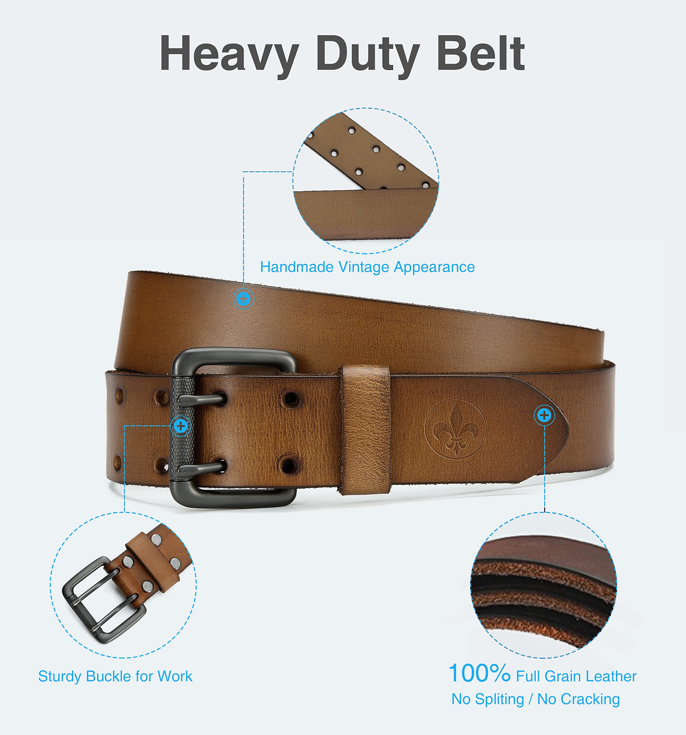 YOETEY Leather Work Belt for Men - Double Prong Belt 40mm with Full Grain Leather - 9 Sets Holes for a Perfect Fit