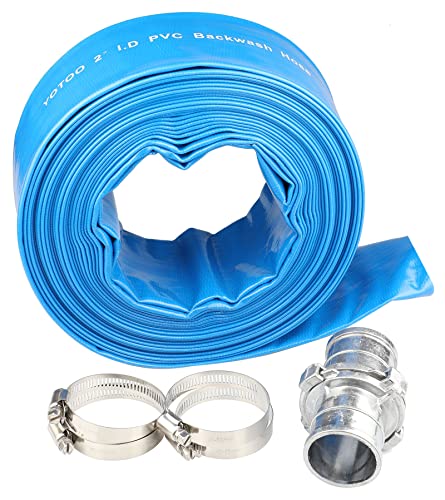 YOTOO Heavy Duty PVC Pool Backwash Hose 2 Inch by 50 Feet, Reinforced Discharge Hose with Connector and 4 Clamps for Swimming Pools, Pool Drain Hoses, Blue