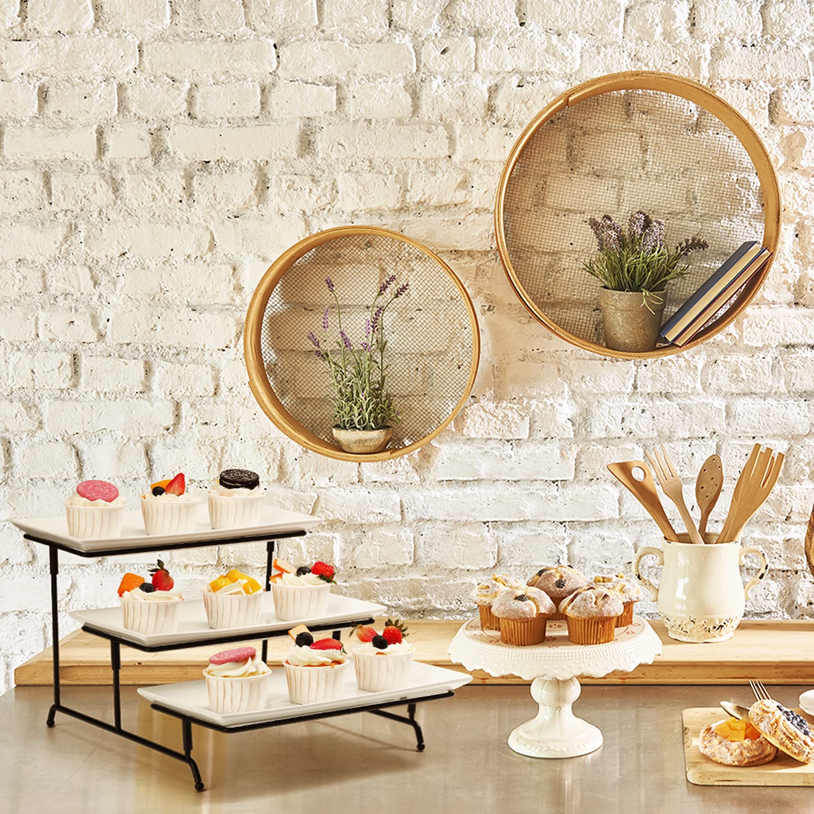 Yedio Porcelain Coffee Cups with Saucers and Metal Stand and 3 Tier Rectangular Serving Platter Bundle