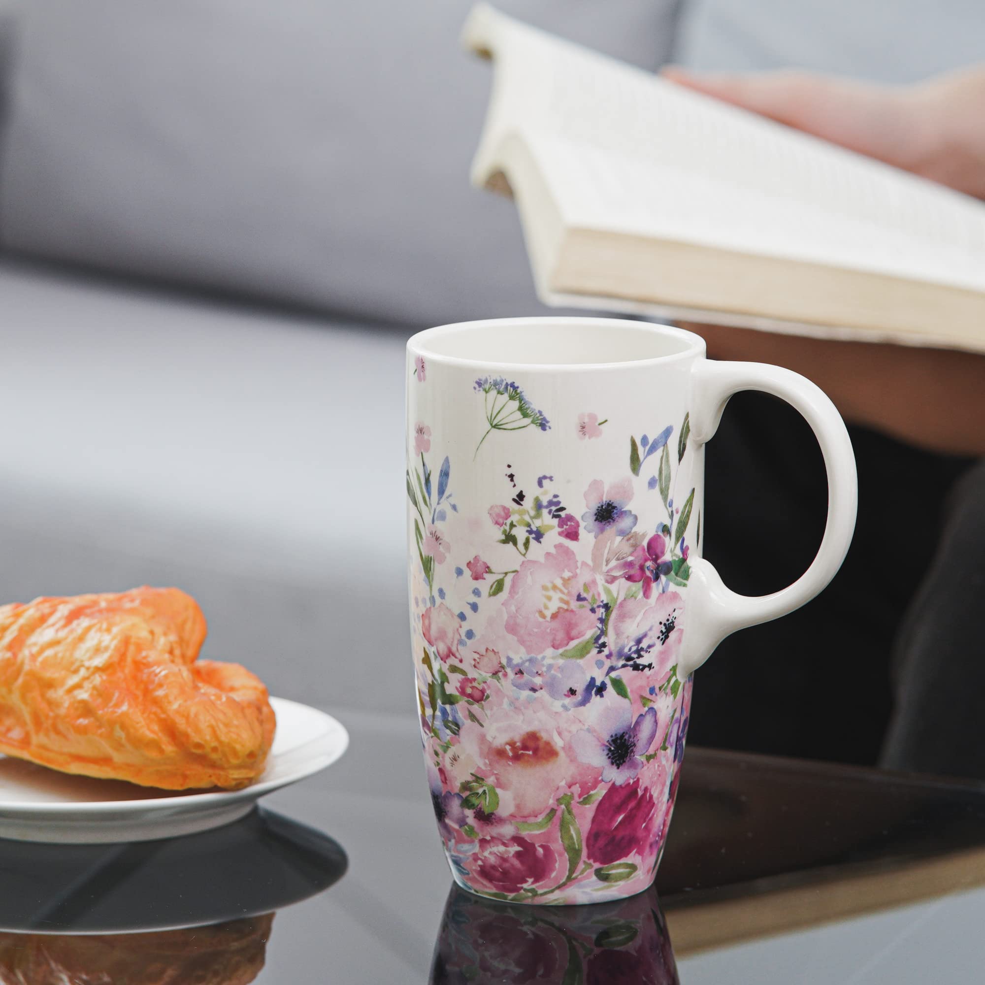 Topadorn Ceramic Mugs Porcelain Latte Tea Cup Coffee Mug with Gift Box,17oz.Pink Garden