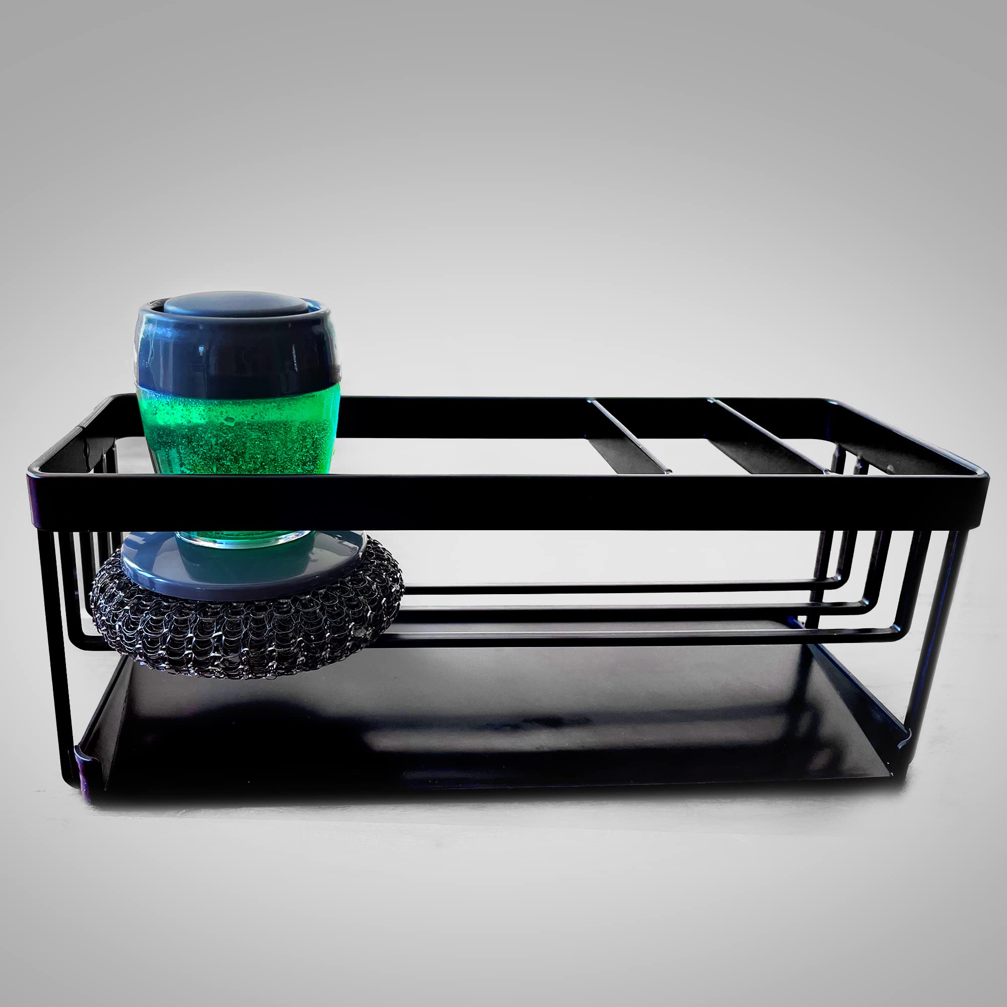 Sink Caddy Organizer with Steel Wool Brush Included, Sponge Organizer for Kitchen Sink, Dish Soap and Sponge Holder for Kitchen Sink, Kitchen Sponge Organizer with Auto Drain Train