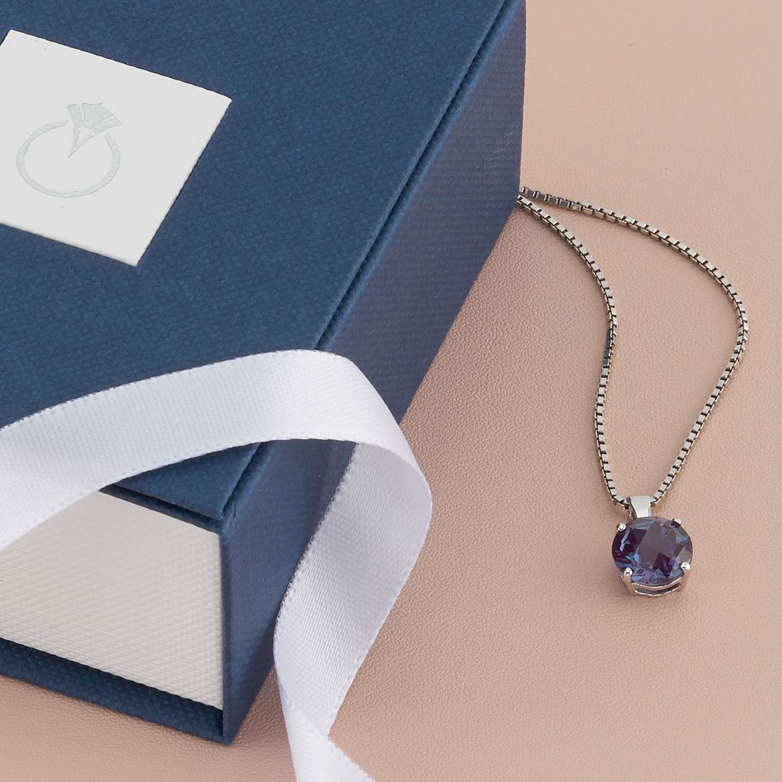 PEORA Created Alexandrite Pendant for Women 14K White Gold, Color-Changing Classic Solitaire, 2.35 Carats Round Shape 8mm, AAA Grade