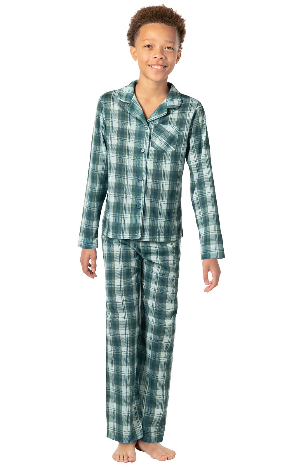 PajamaGram Pajamas Kids - Girls Pajama Sets, Teal Plaid Button-Front PJ, 10