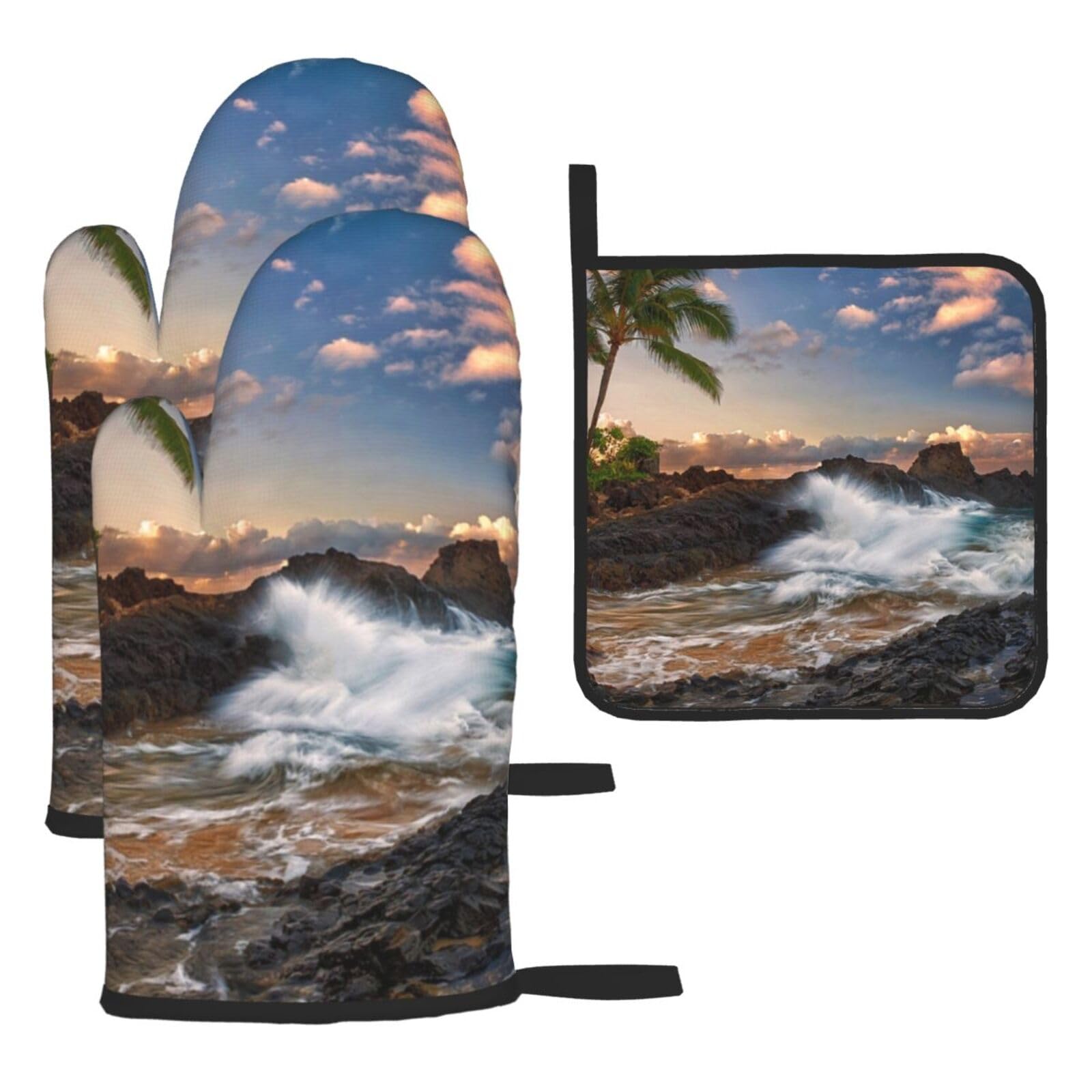 Palm Trees Clouds Tropical Coast Printed Oven Mitt and Pot Holders Set of 3 Non-Slip Cooking Gloves Heat Resistant Hot Pads for Kitchen BBQ Baking
