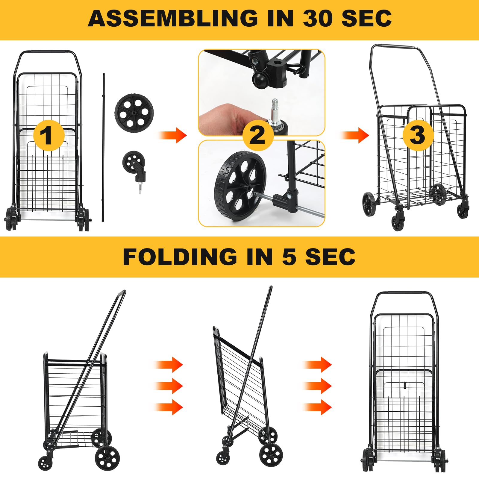 Realife Foldable Shopping Cart with Liner, Portable Utility Cart with Wheels for Grocery and Heavy Duty, 120lbs, Black