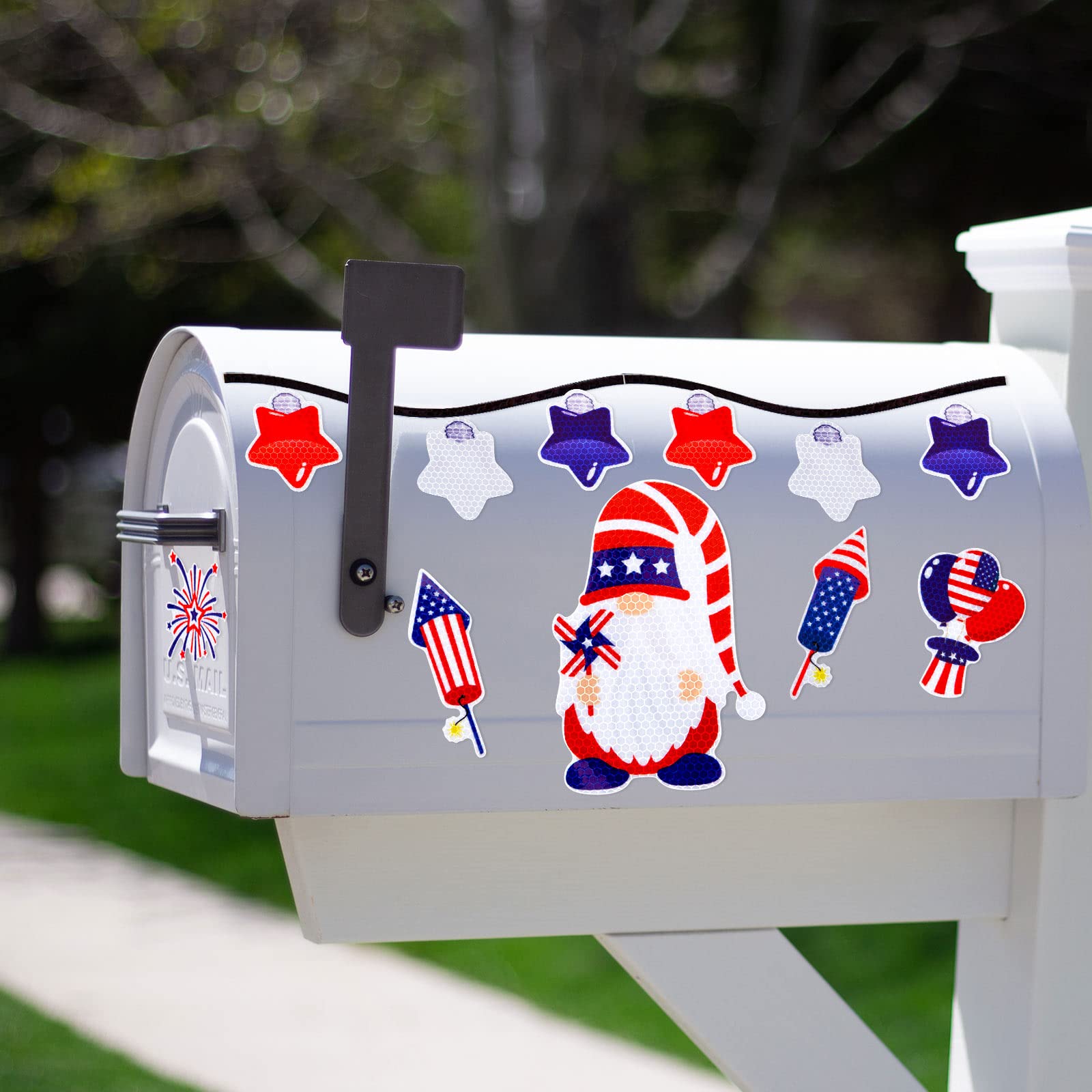 Whaline 24Pcs 4th of July Reflective Car Magnets Patriotic Refrigerator Magnets Independence Day Gnome Fridge Decor USA Flag Star Bulb Light Magnet with Lines for Kitchen,Metal Door,Cabinets,Mailbox