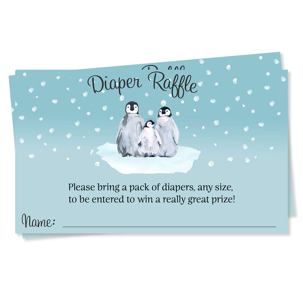 Penguin Baby Shower Diaper Raffle Ticket Winter White Blue Snow Penguins Gender Neutral Unisex Family Waddle on Over (25 count)
