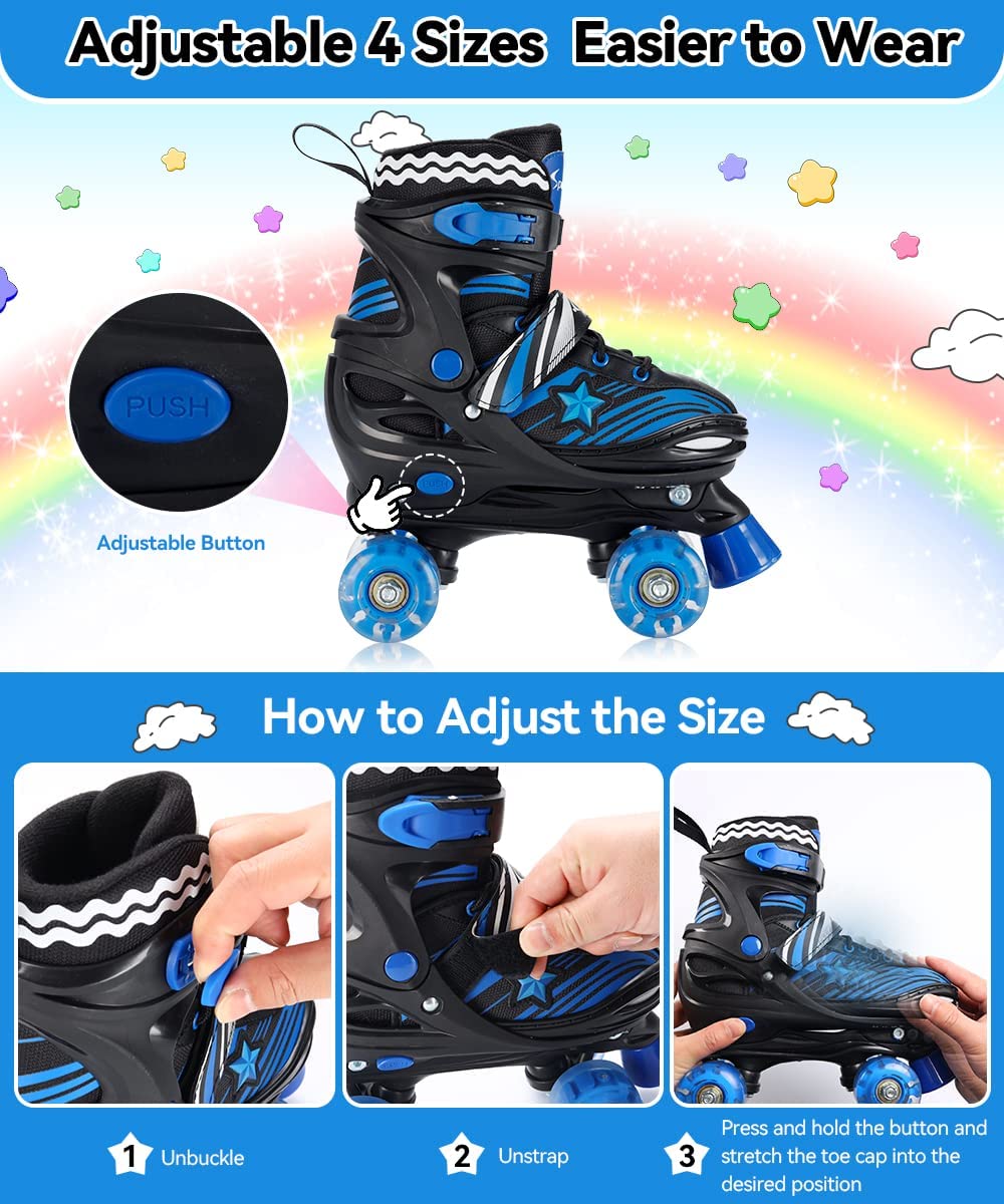 Roller Skates for Boys 4 Sizes Adjustable, Sportneer Light Up Kids Roller Skates for Age 3-5 6-12 Roller Skates with Protective Gears Illuminating Wheels Gift for Kids Toddler Beginner