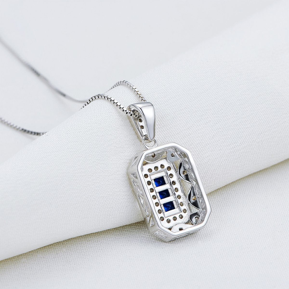 Newshe Women's Created Blue Sapphire White Cz 925 Sterling Silver Gemstone Pendant Chain Necklace 18"
