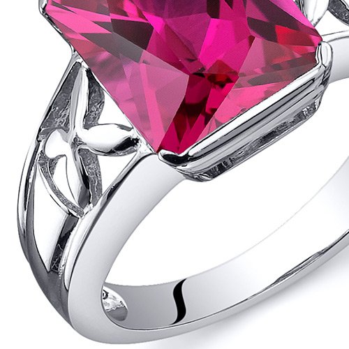 PEORA Created Ruby Galleria Ring for Women in Sterling Silver, 4.25 Carats Radiant Cut, 10x8mm, Comfort Fit, Size 7