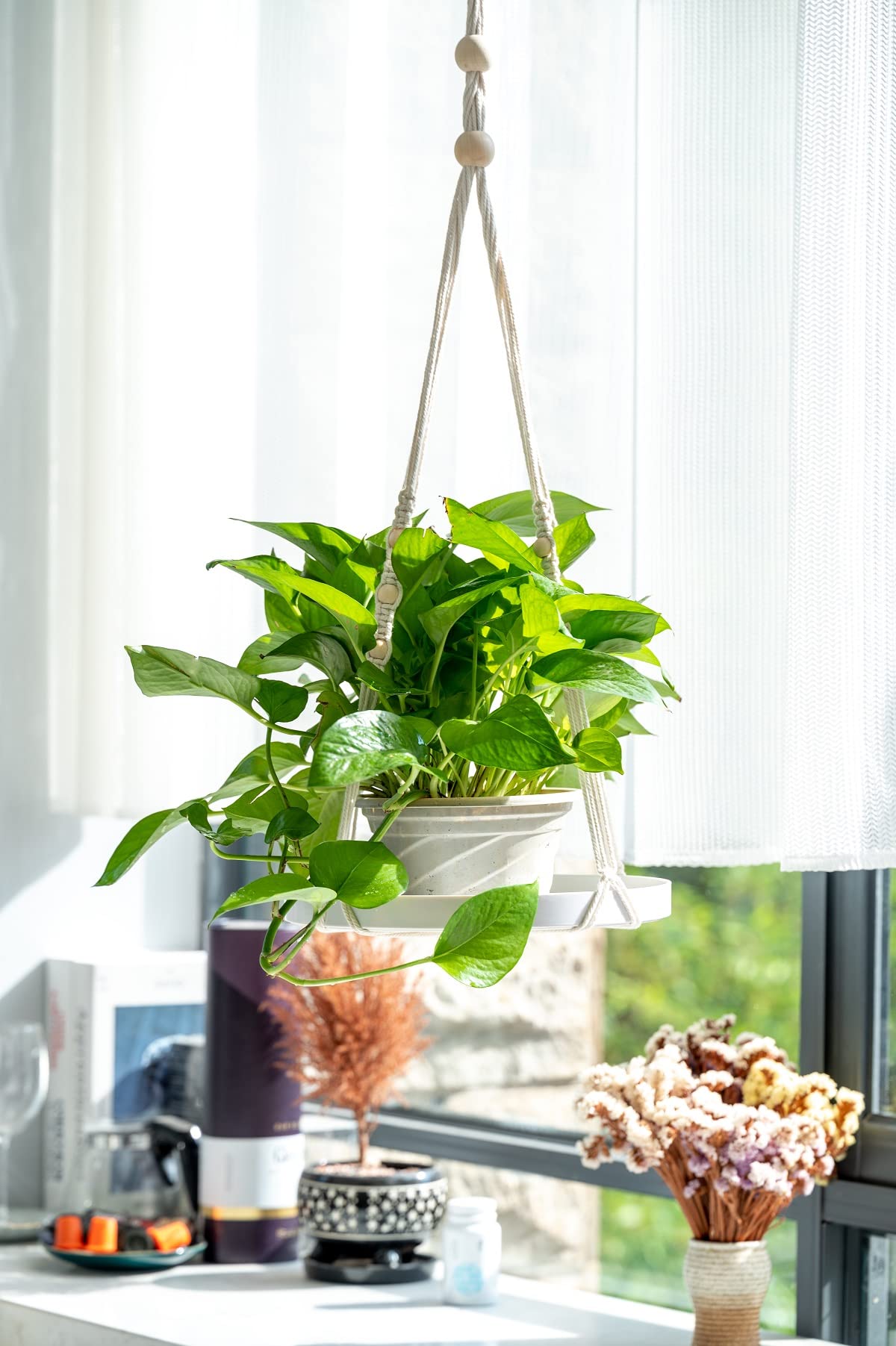 UL Source Macrame Planter Hanger with Large Tray 100% Handmade Wall Hanging Plants Bracket for Indoor Plants Home Decor Gift