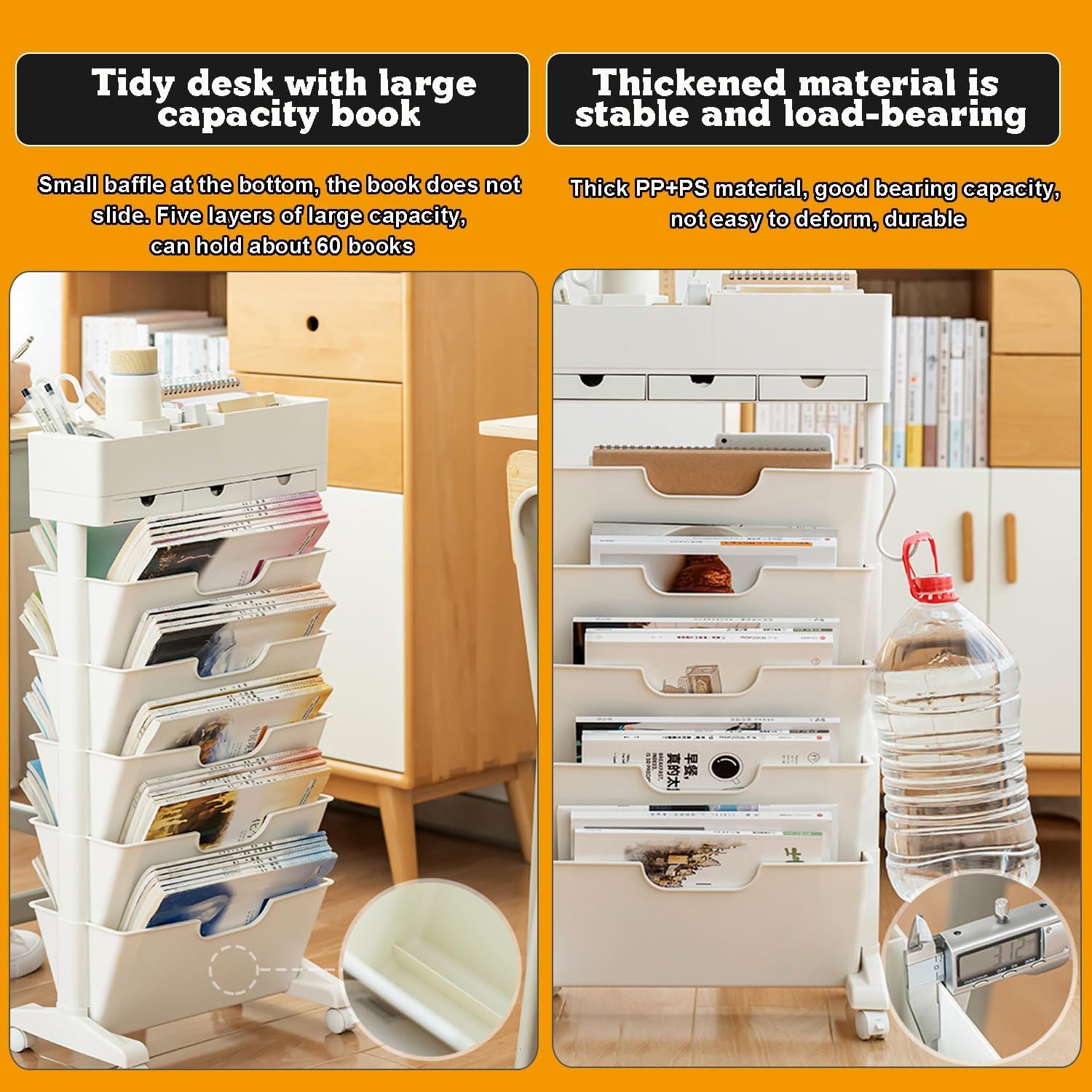 Rolling Cart Organizer, 6 Tier Mobile Bookshelf, 6 Tier Rolling Utility Cart with 3 Drawer, 5 Tier Home Bookshelf, Multi Functional Movable Storage Book Shelves with Lockable Casters for Study Office